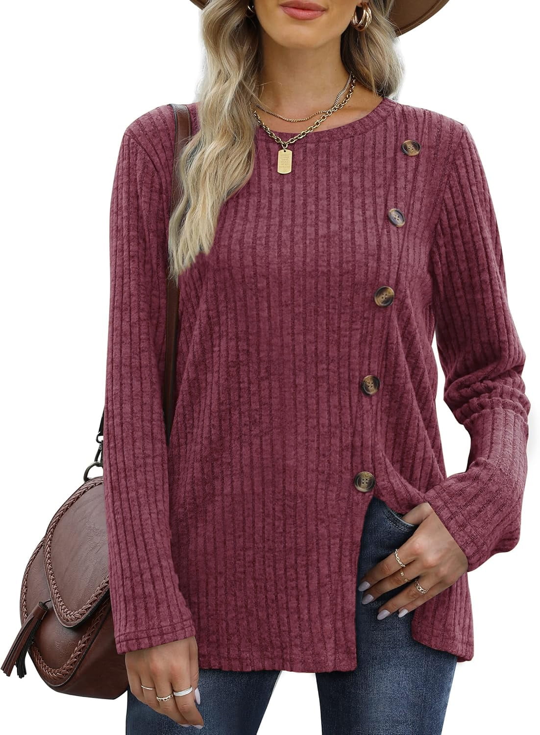 JuneFish Women's Long Sleeve Tunic Tops Casual Tshirts Loose Crewneck ...