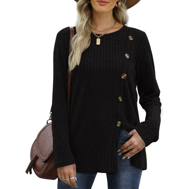 JuneFish Women's Long Sleeve Tunic Tops Casual Tshirts Loose Crewneck Buttons Side Pullover ...