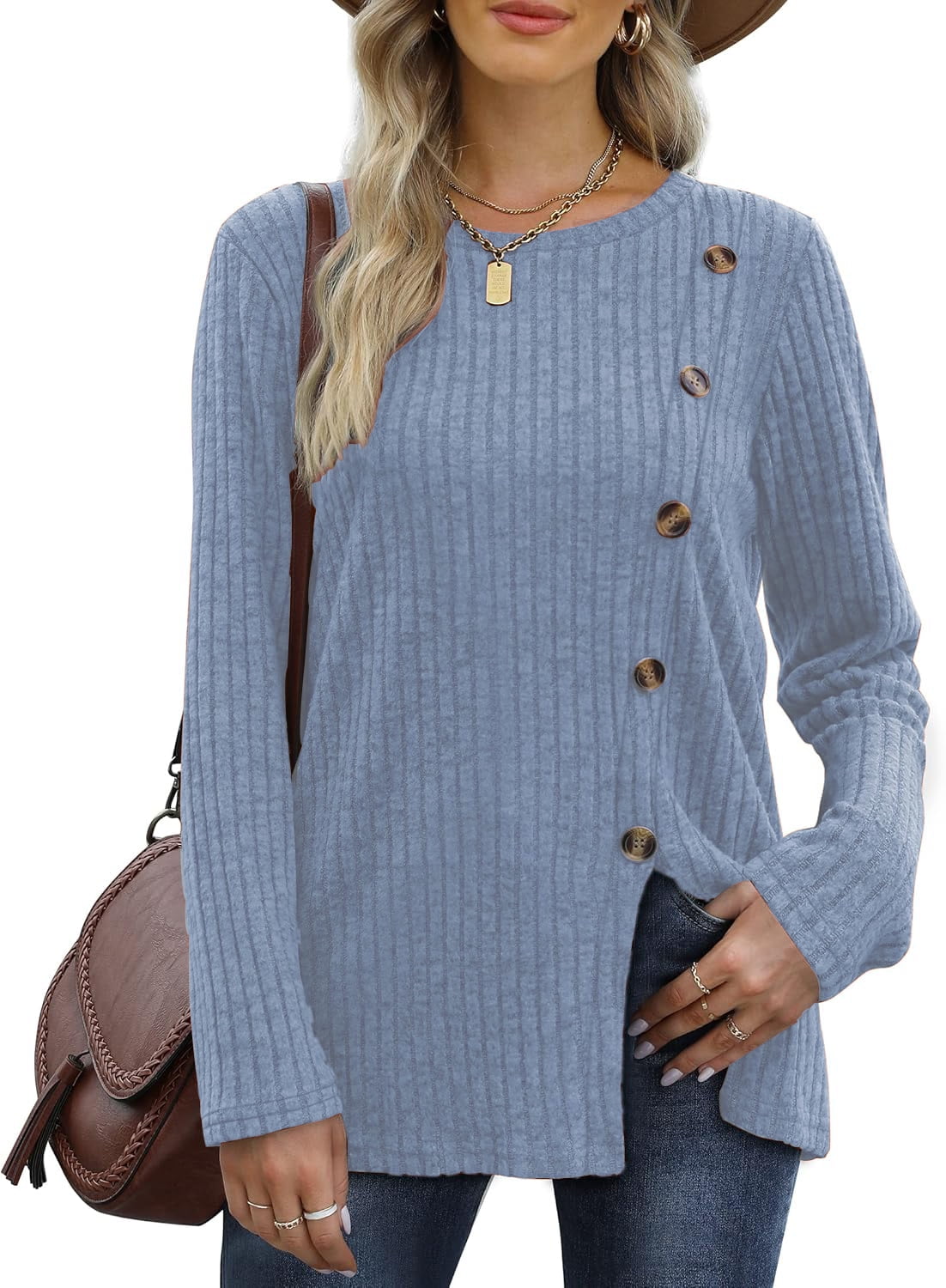 JuneFish Women's Long Sleeve Tunic Tops Casual Tshirts Loose Crewneck Buttons Side Pullover ...