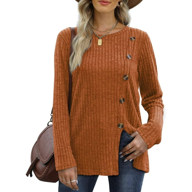 JuneFish Women's Long Sleeve Tunic Tops Casual Tshirts Loose Crewneck Buttons Side Pullover ...