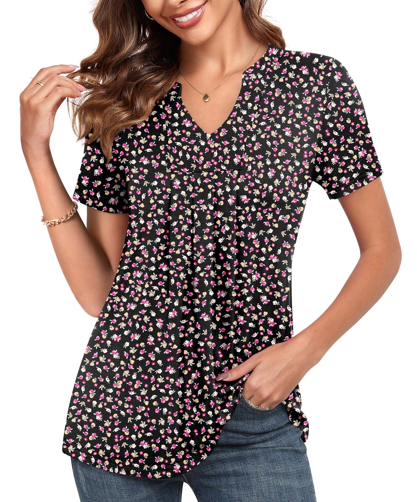 JuneFish Women's Pleated Tunic Henley Shirt V Neck Casual Loose Short ...