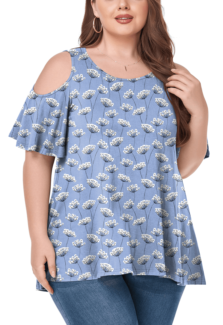 JuneFish Women's Plus Size Cold Shoulder Tunic Top, Ruffle Sleeve ...