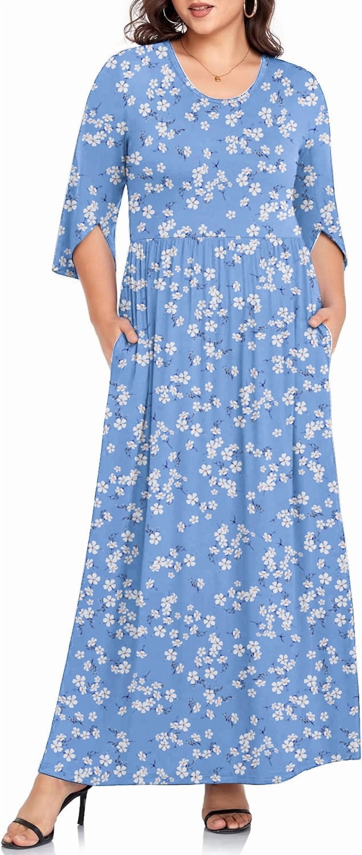 JuneFish Women's Plus Size Dresses 1X to 5X Crewneck Ruffle 3/4 Sleeve ...