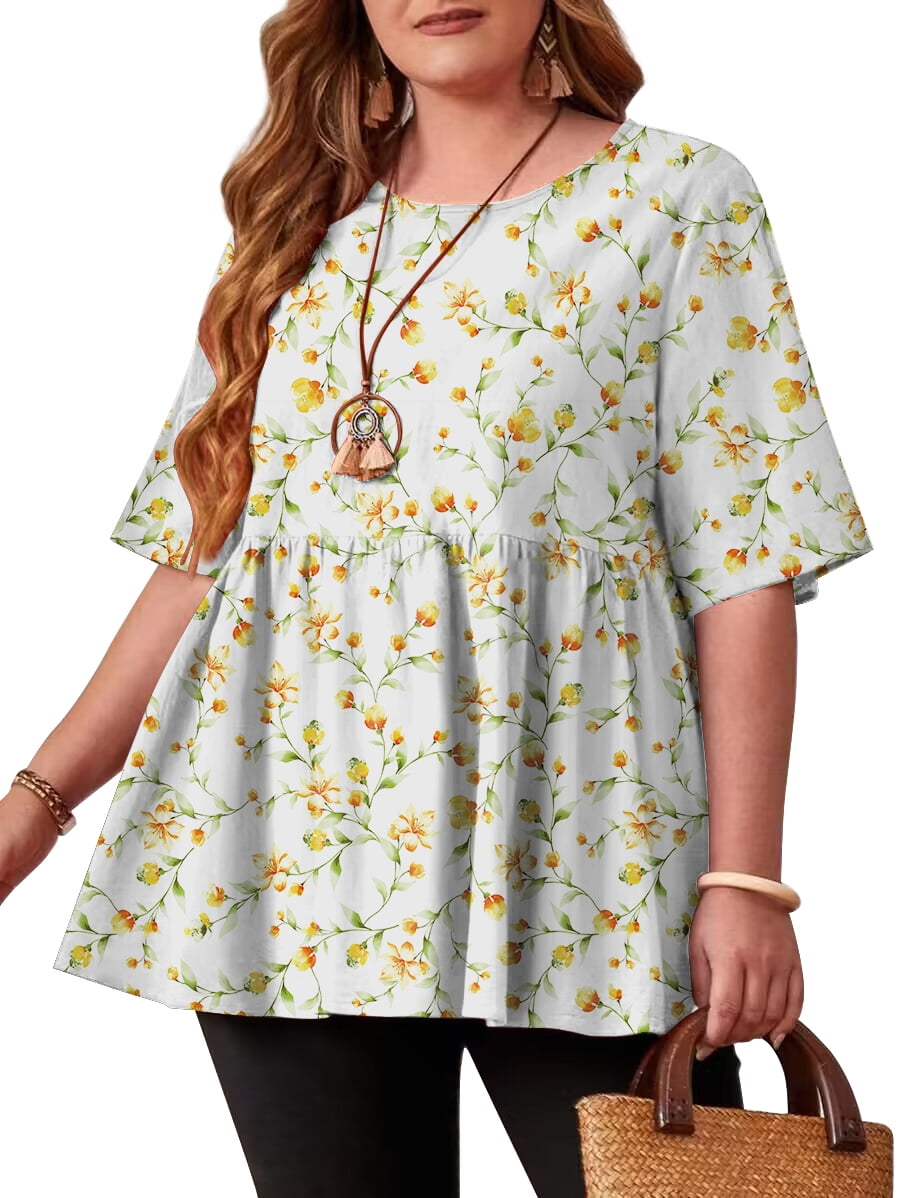 JuneFish Women's Plus Size Tunic Top, Short Sleeve, Flowy, Loose Style ...