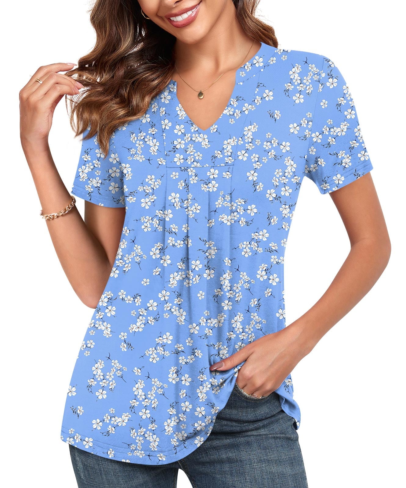 Junefish Women's Summer Tunic Tops, Floral Pleated Blouse, Stretchy V ...