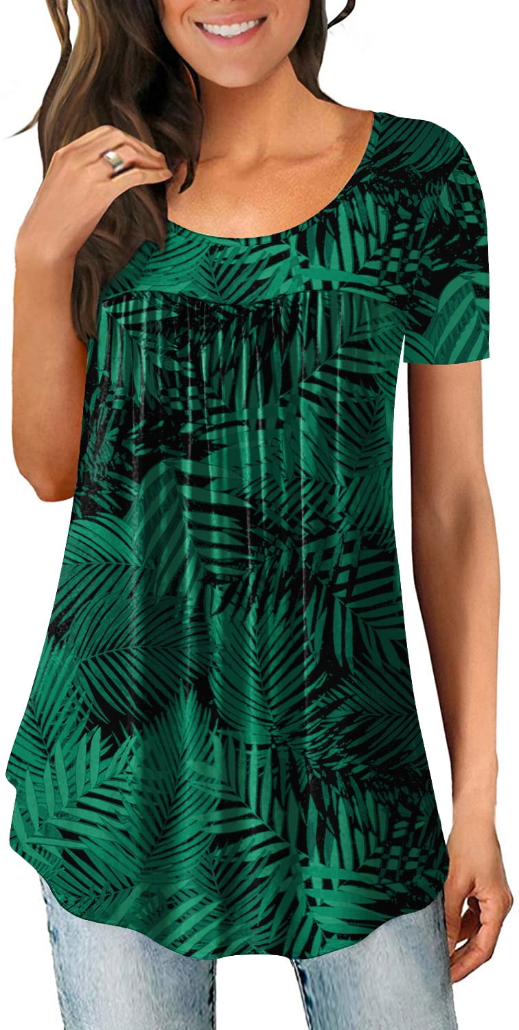 JuneFish Women's Summer Casual Tunic Tops Pleated Floral Print Shirts ...
