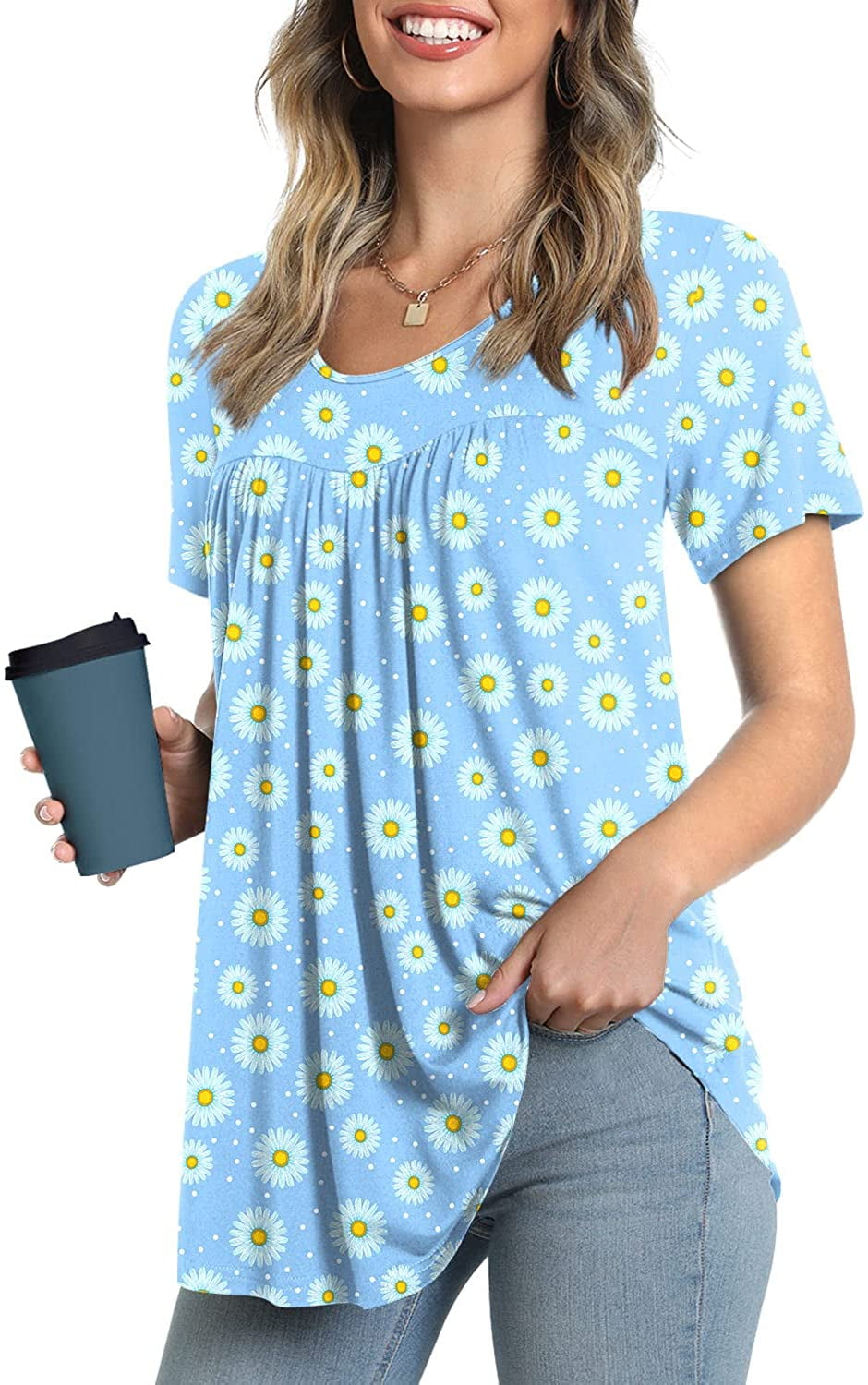 JuneFish Women's Summer Pleated Tops Casual Tee Hide Belly Shirts ...