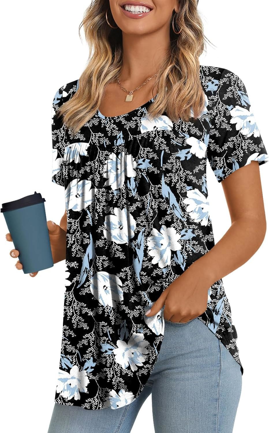 JuneFish Women's Pleated Summer Tops, Casual Tee, Belly Hide Blouse ...