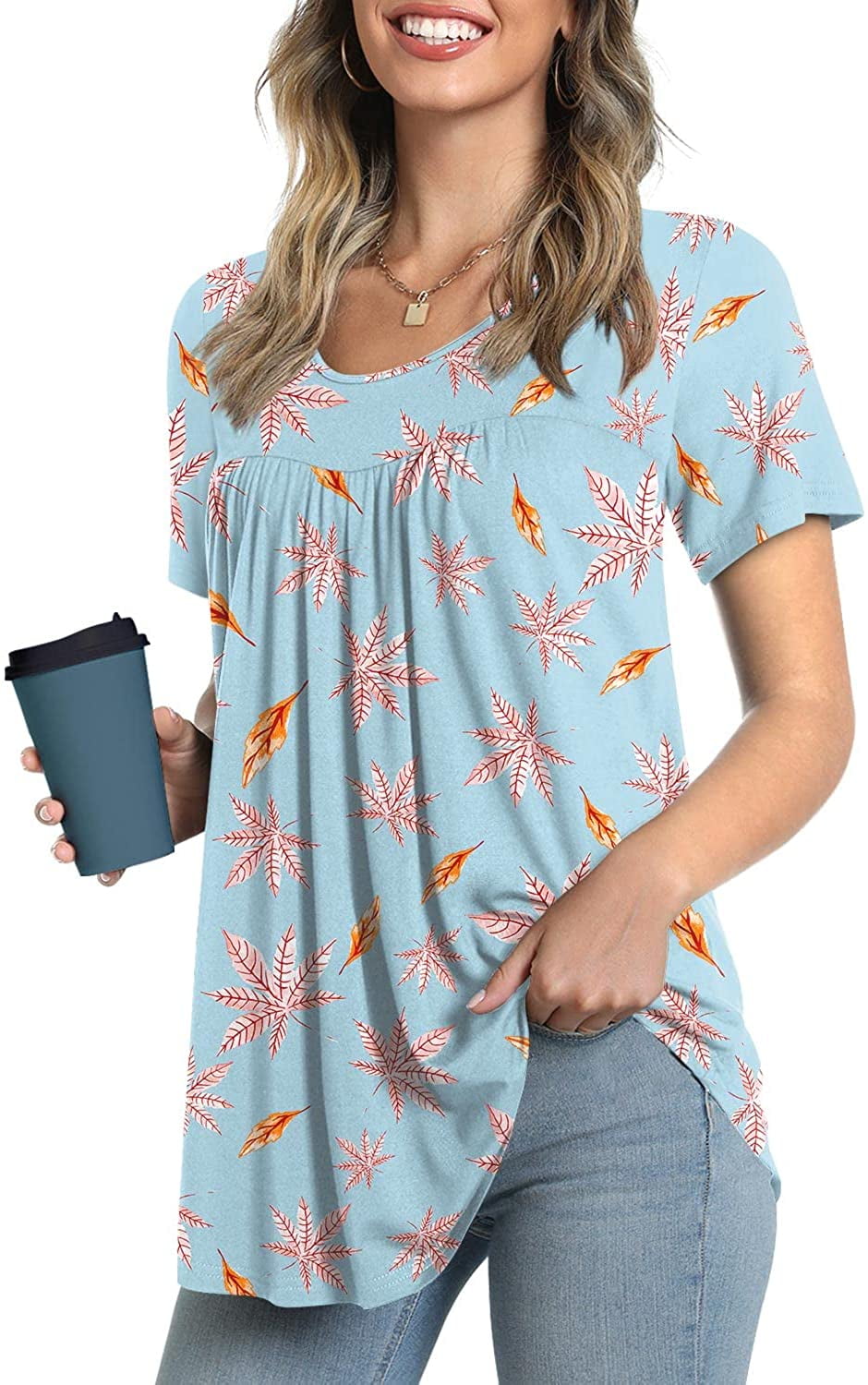 JuneFish Women's Summer Pleated Tops Casual Tee Hide Belly Shirts ...