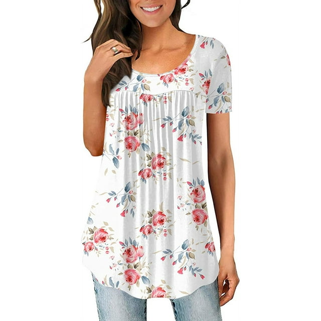 JuneFish Women's Loose Flowy Summer Pleated Tops, Casual Tee, Hide ...