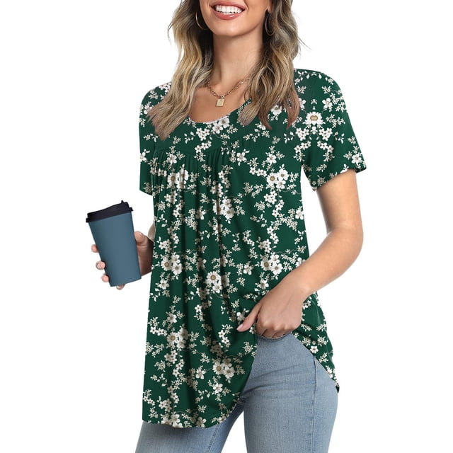 JuneFish Women's Summer Pleated Tops Casual Tee Hide Belly Shirts ...