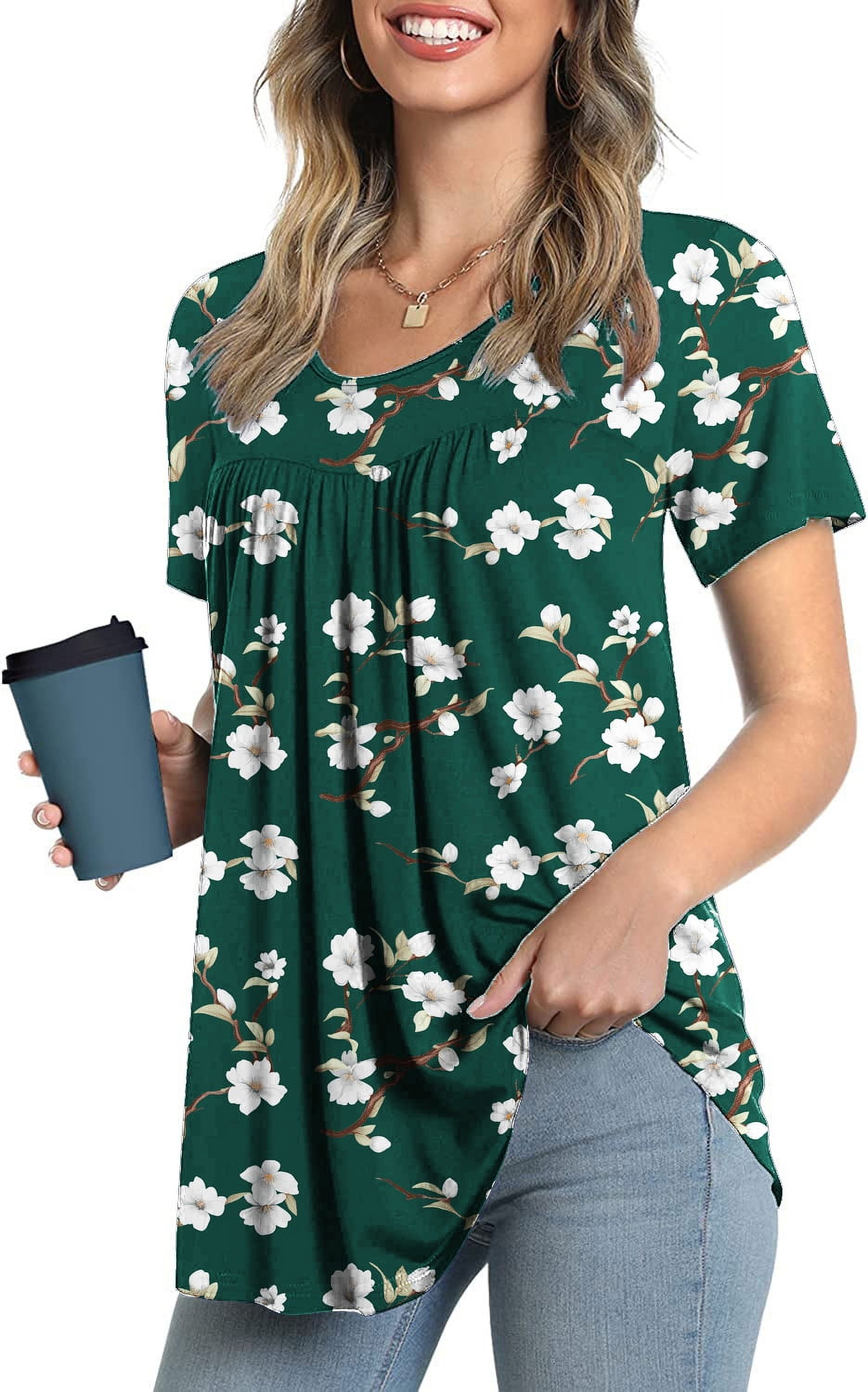 JuneFish Women's Summer Pleated Tops Casual Tee Hide Belly Shirts ...