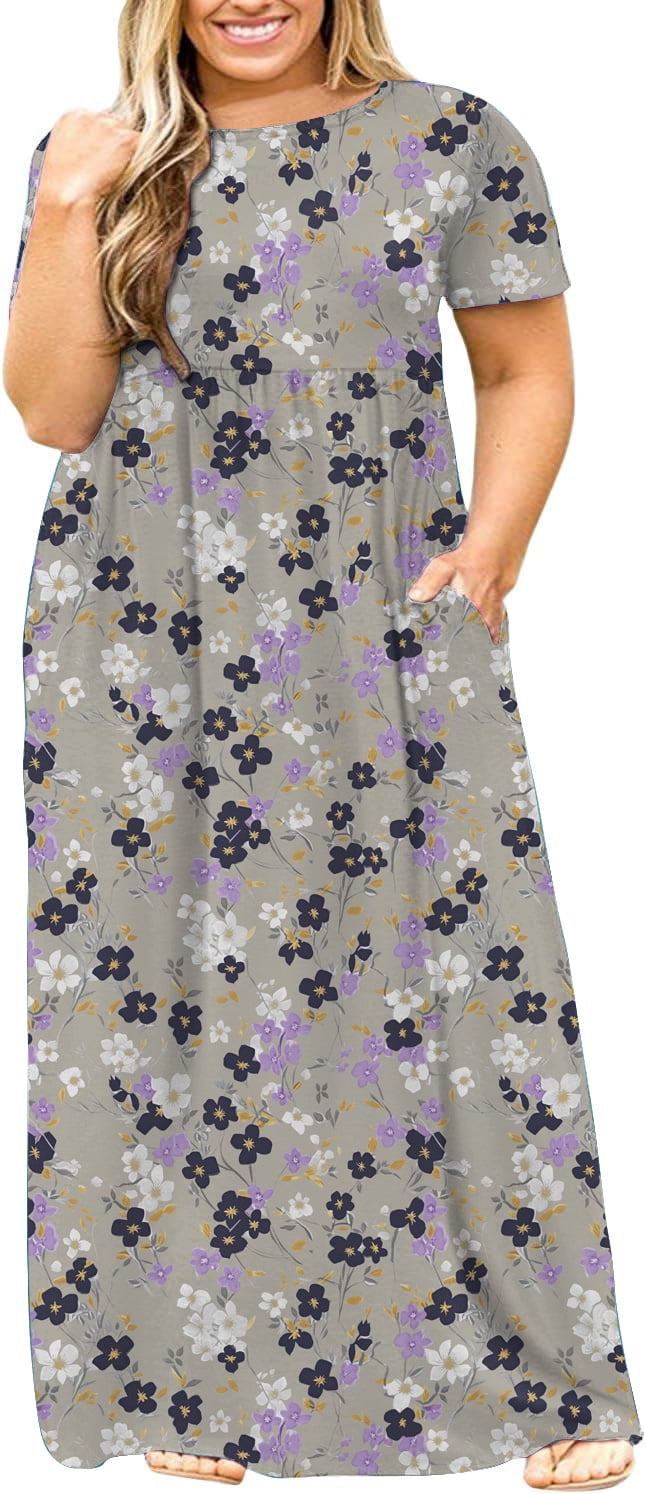 JuneFish Women's Plus Size 2X-6X Summer Maxi Dress with Pockets, Loose ...