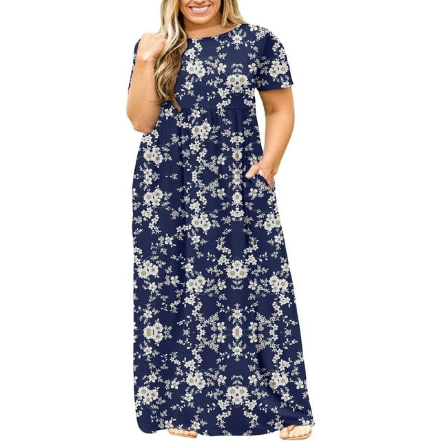 JuneFish Plus Size 2X-6X Women's Summer Maxi Loose Dress with Pockets ...