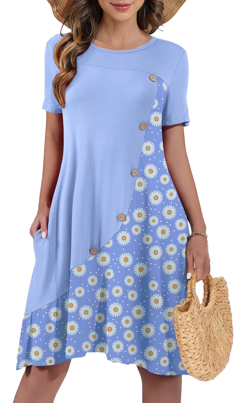 JuneFish Women's Summer Short Sleeve Casual Dress Patchwork Design ...