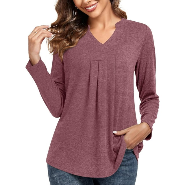 JuneFish Womens Fall Long Sleeve Tunic Tops Notch V Neck Shirt Casual ...