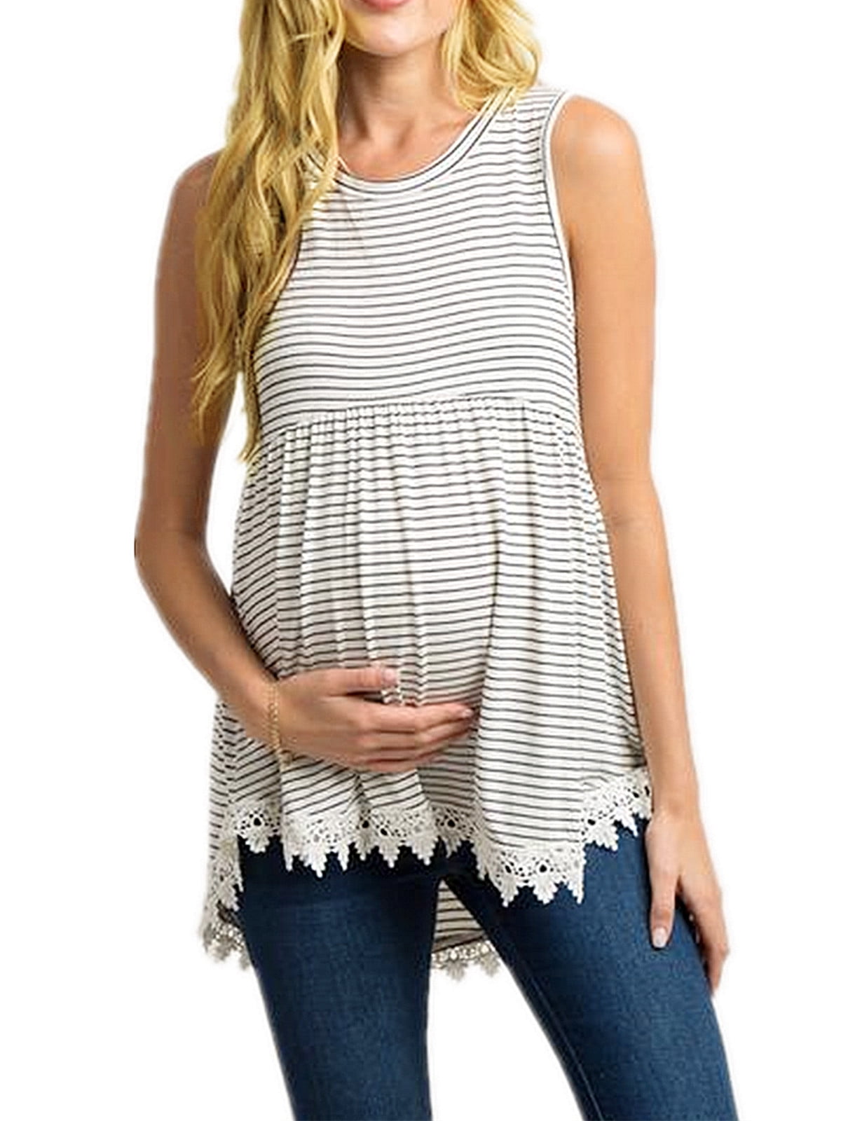 JuneFish Womens Maternity Tank Top Sleeveless Lace Crochet Trim Peplum ...