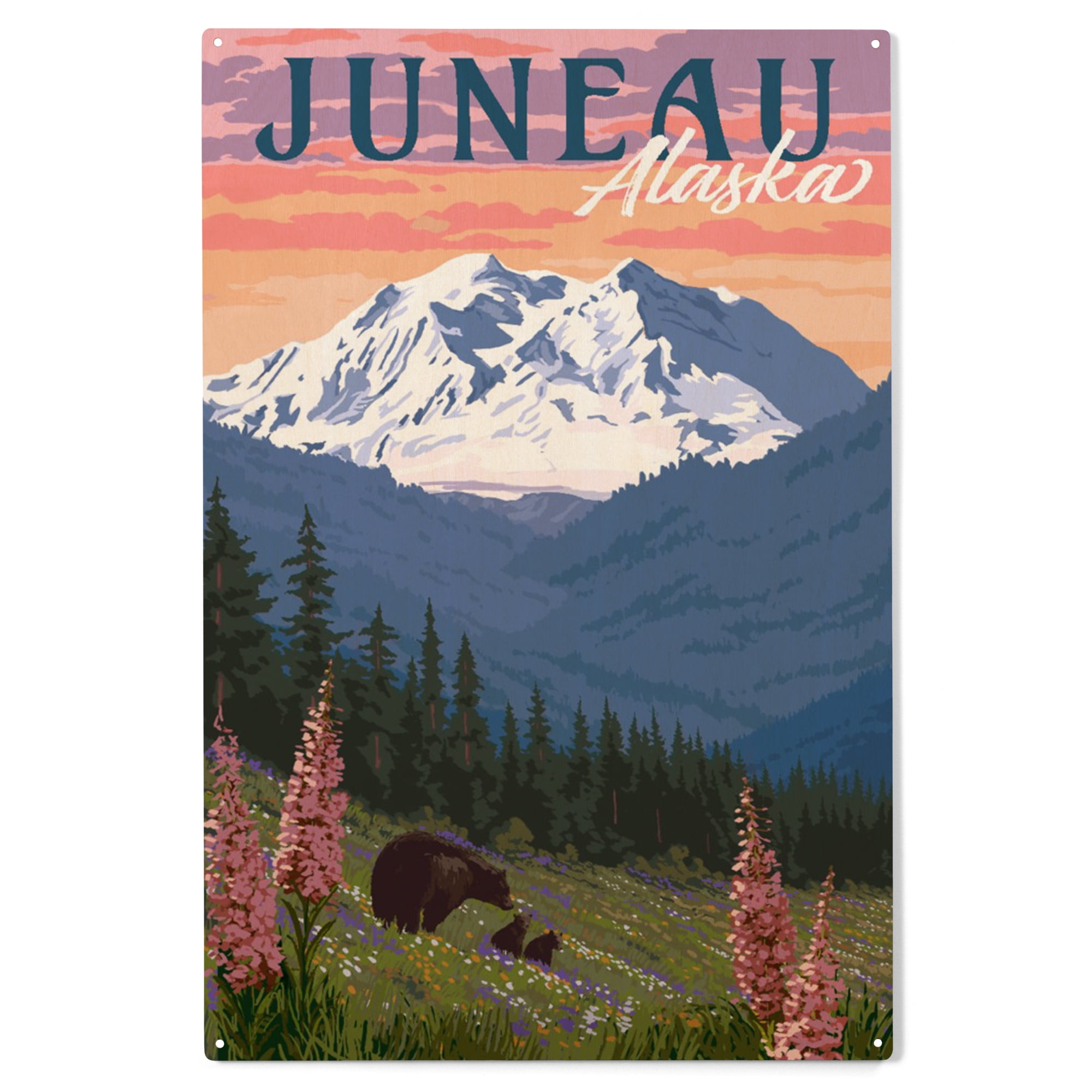 Juneau, Alaska, Bear and Spring Flowers Birch Wood Wall Sign (10x15 ...