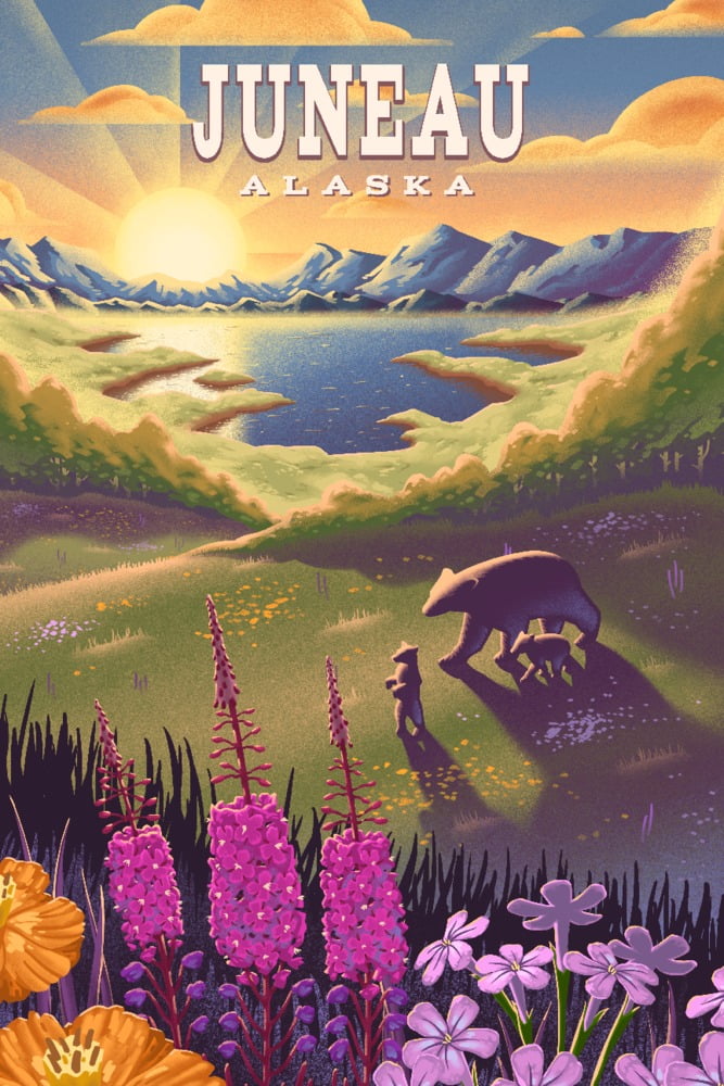 Juneau, Alaska, Bear and Spring Flowers Litho (16x24 Giclee Gallery Art ...