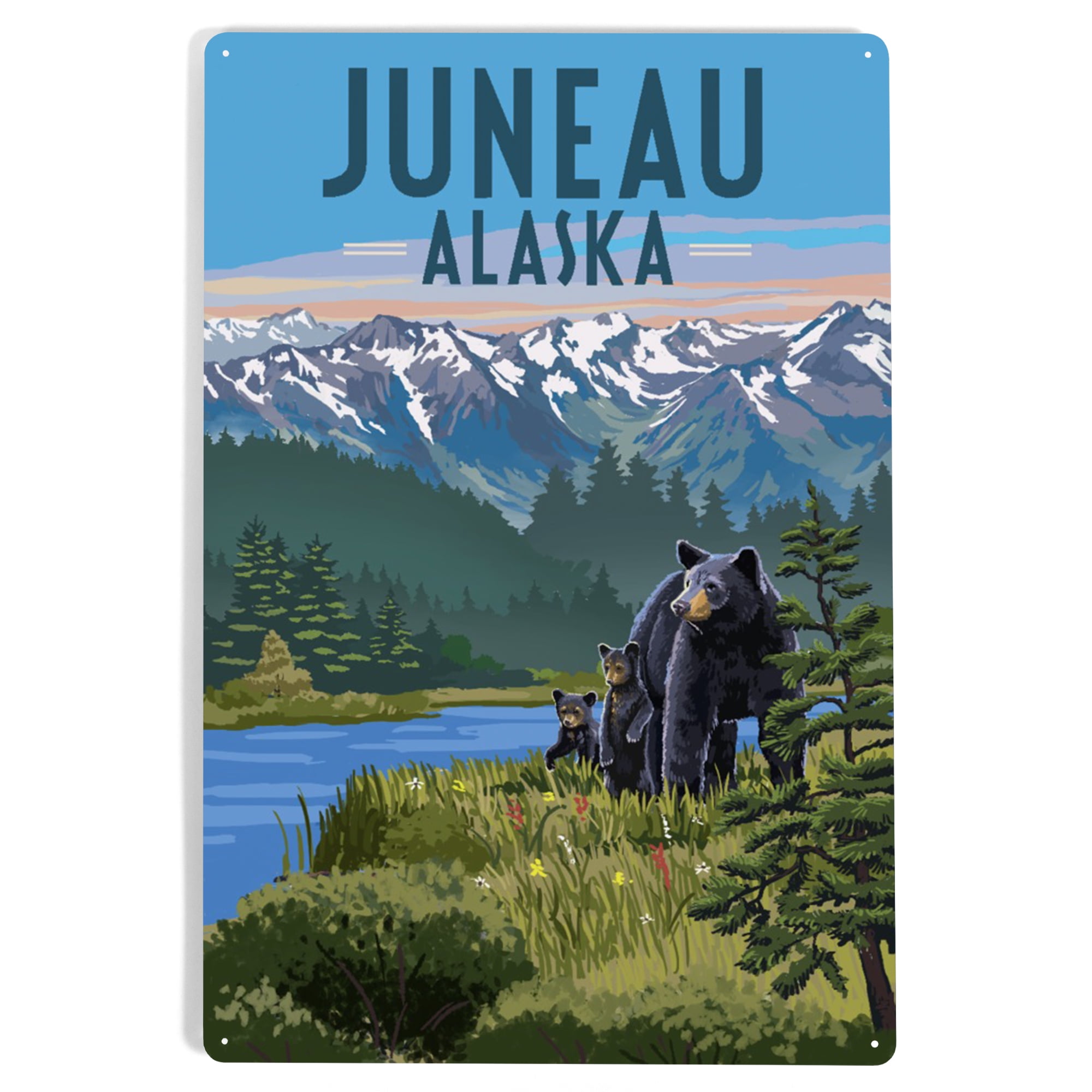 Juneau, Alaska, Black Bear with Cubs, Summer Scene (12x18 Aluminum Art ...