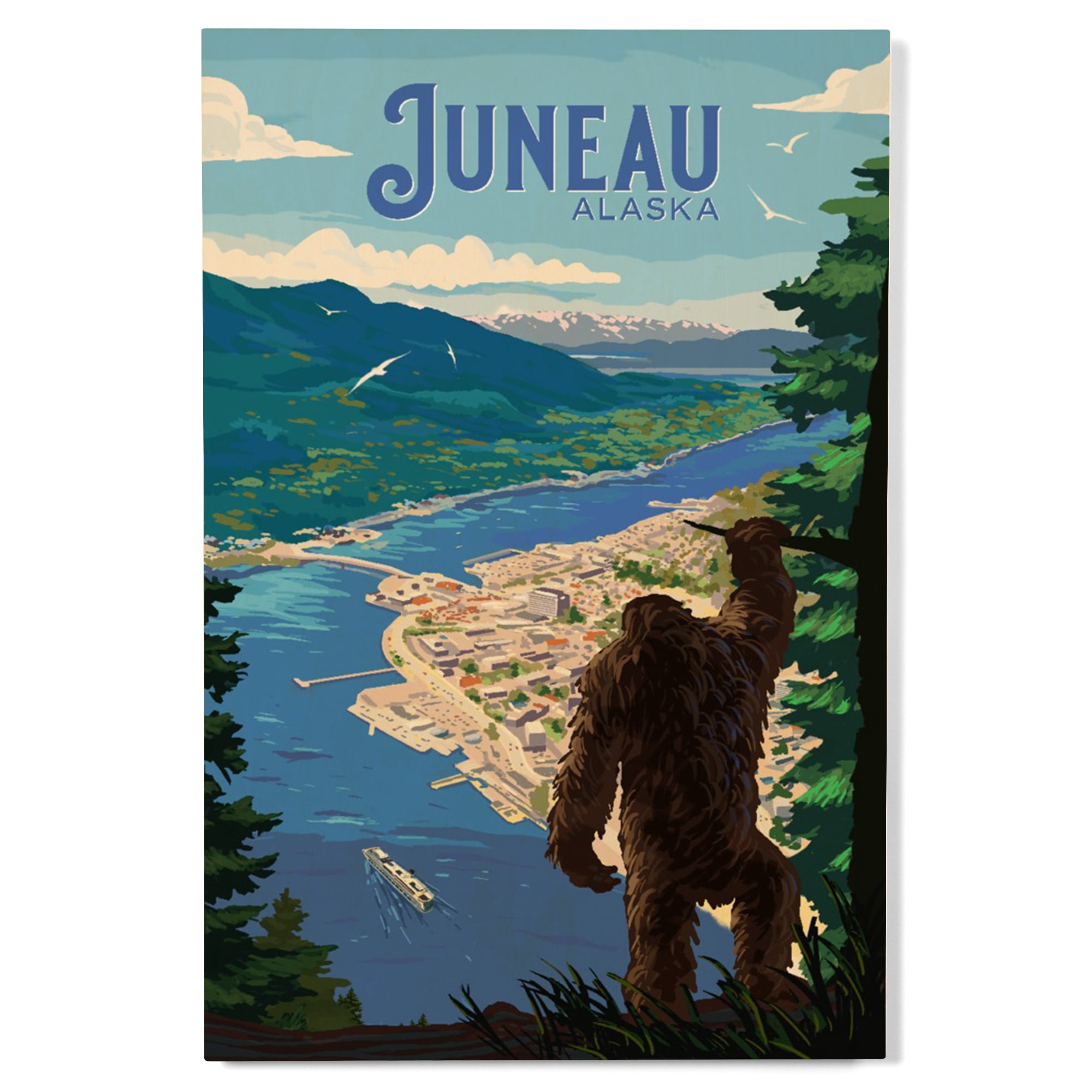 Juneau, Alaska, Home of Bigfoot, Painterly Birch Wood Wall Sign (12x18 ...