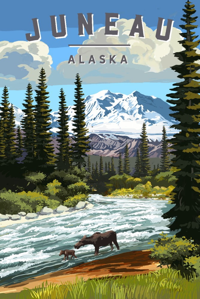 Juneau, Alaska, Moose and River Rapids (16x24 Giclee Gallery Art Print ...