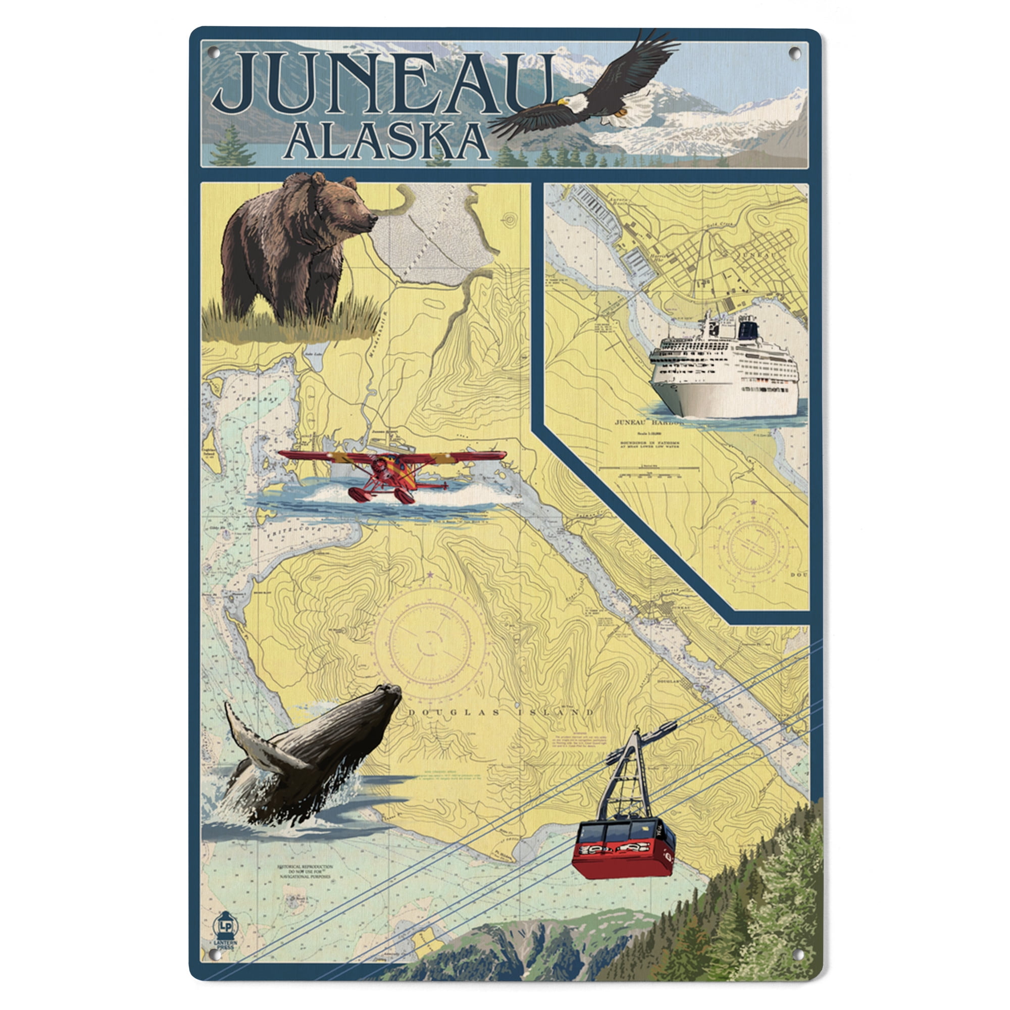 Juneau, Alaska, Nautical Chart Birch Wood Wall Sign (6x9 Rustic Home ...