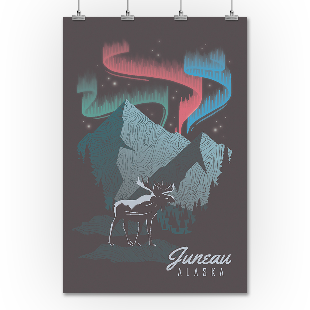 Juneau, Alaska - Northern Lights, Mountains, Moose - Vector - Lantern ...