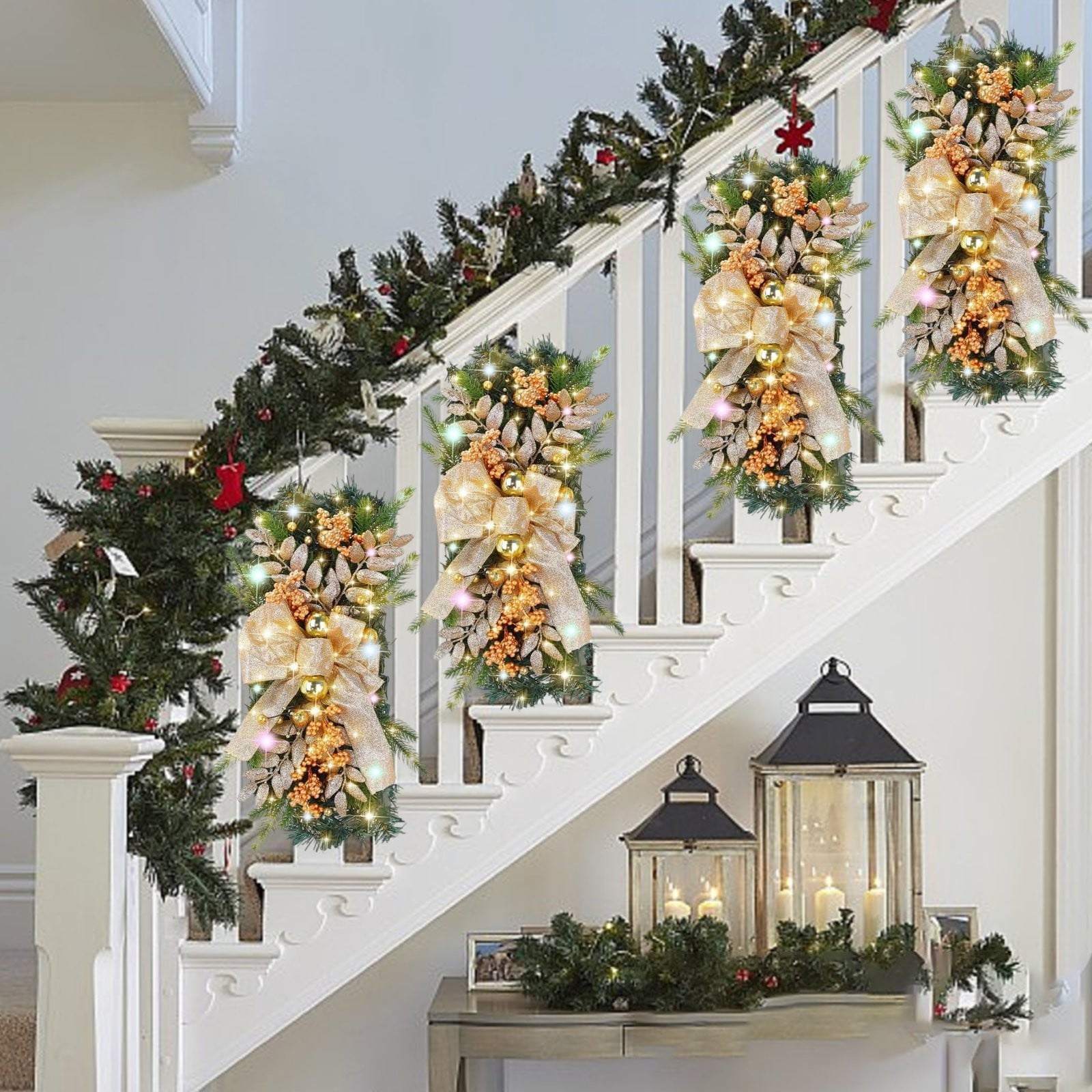 Junepar 18 Inch Prelit Christmas Teardrop Swag LED Christmas Stair ...