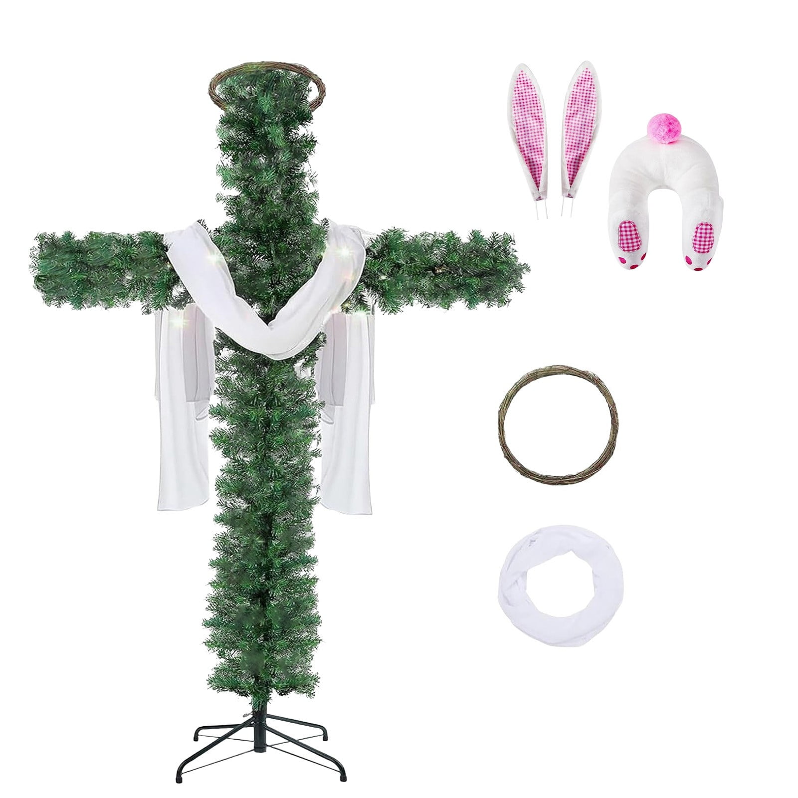 Junepar 5.9 Ft Green Cross-shaped Artificial Ornament with Pink Plaid ...