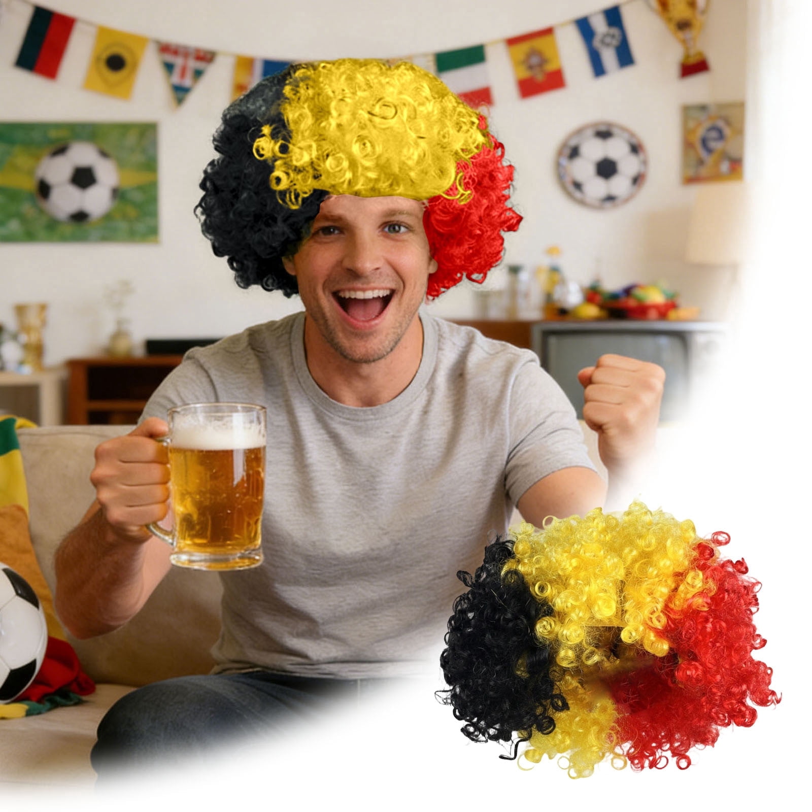 Junepar Sports Fan Curly Wig Flag Color Explosion Wig Fun Synthetic ...