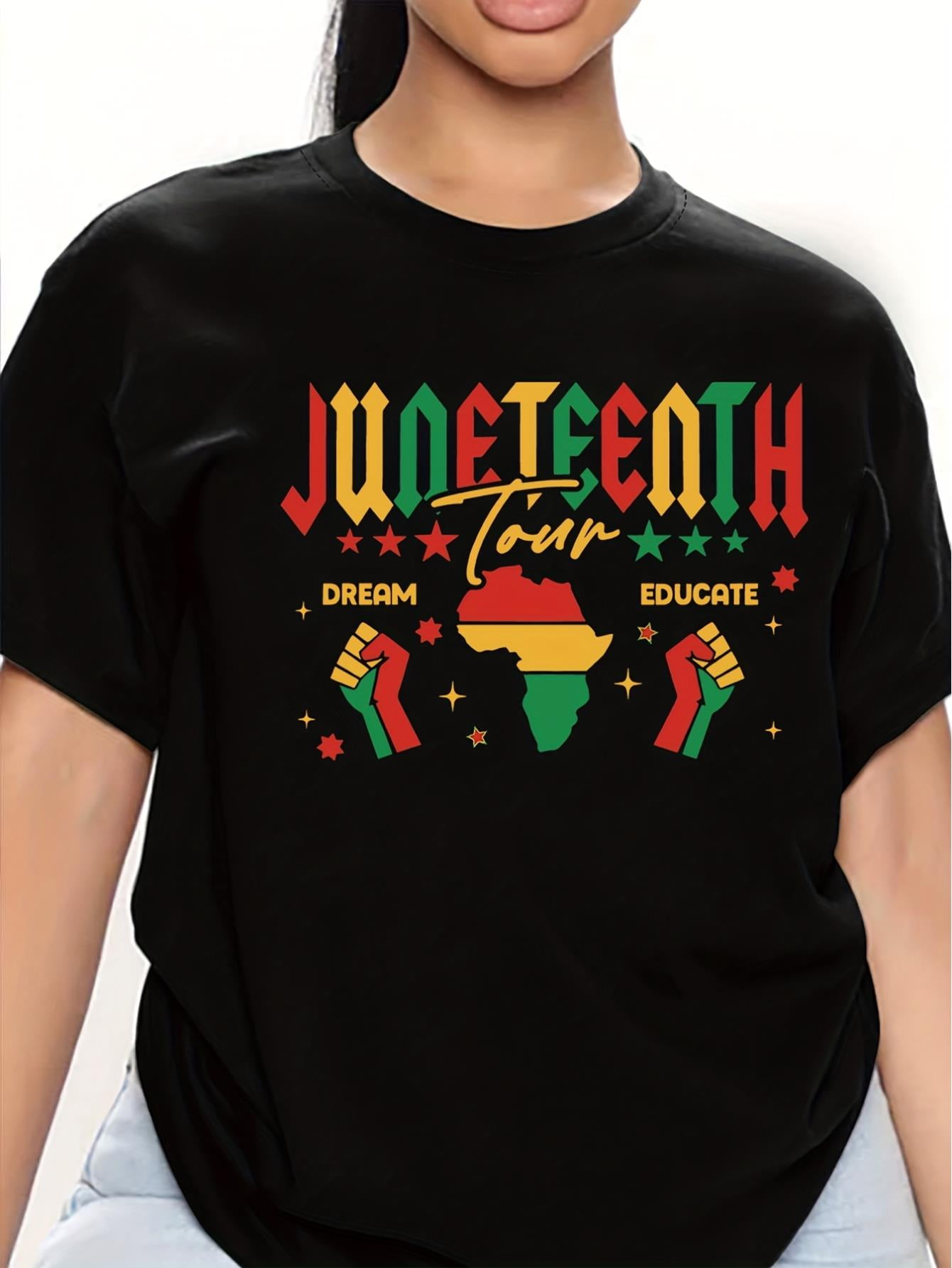 Juneteenth Celebration T-Shirt, Casual Crew Neck Polyester Tee with Alphabet Print, Regular ...