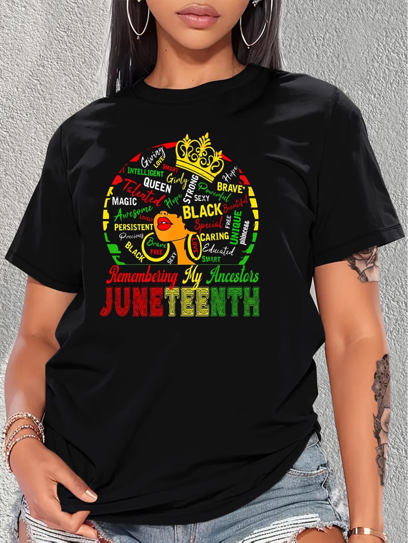 Juneteenth Commemorative T-Shirt, Women'S Casual Crowned Lady Graphic Print, Polyester Crew Neck ...