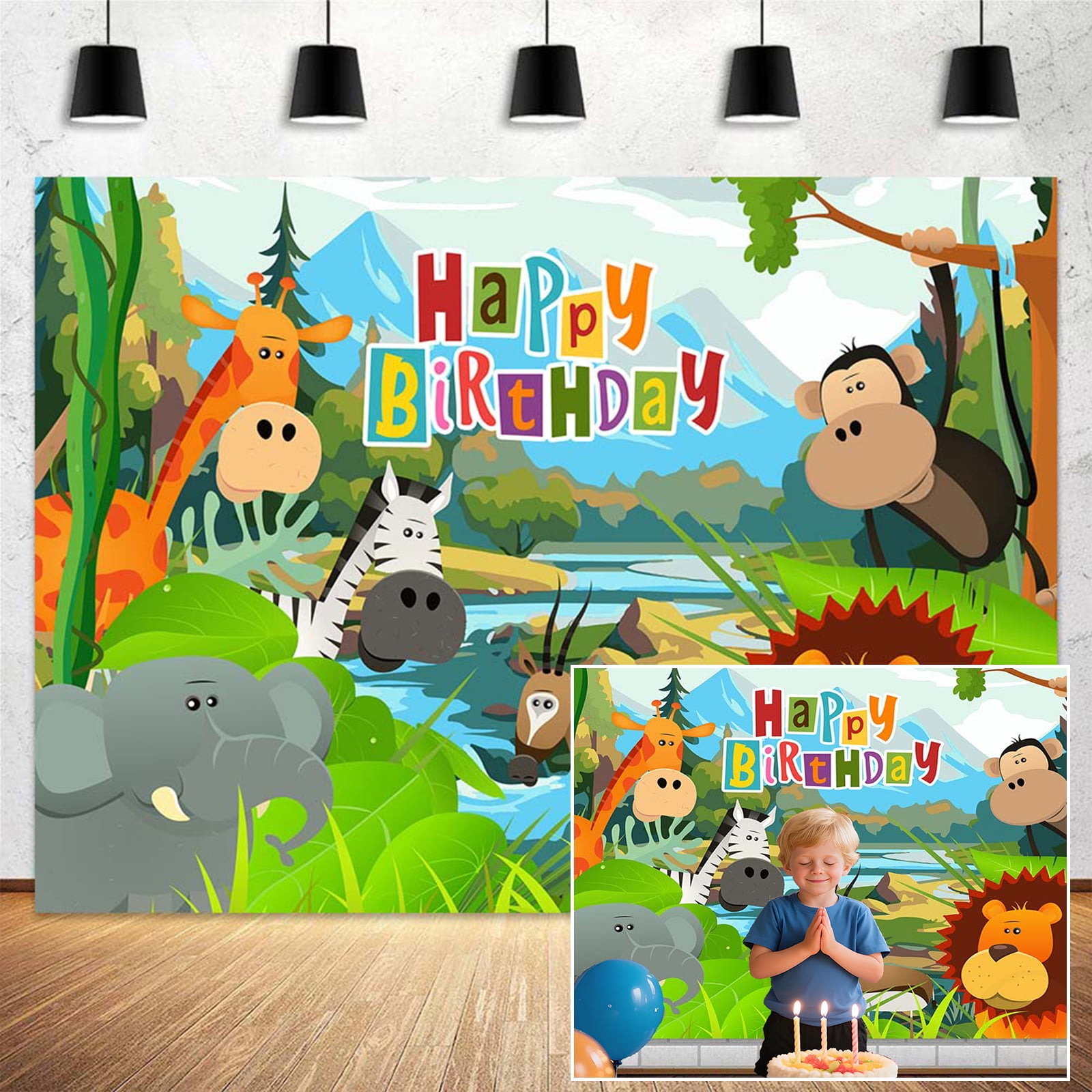 Jungle Animal Birthday Backdrop,Cartoon Tropical Forest Animals River ...