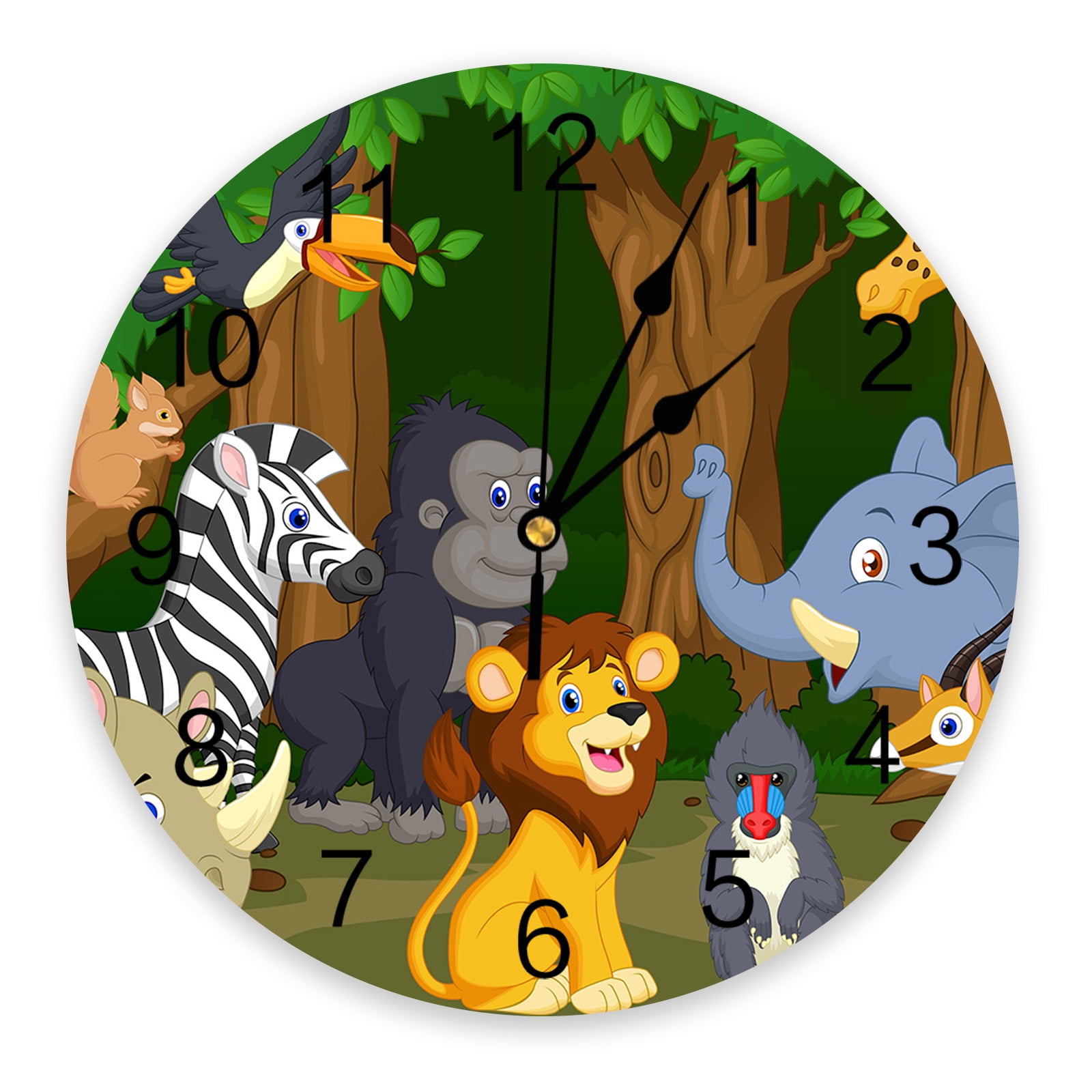 Jungle Animal Cartoon Giraffe Elephant Round Wall Clock for Home r ...