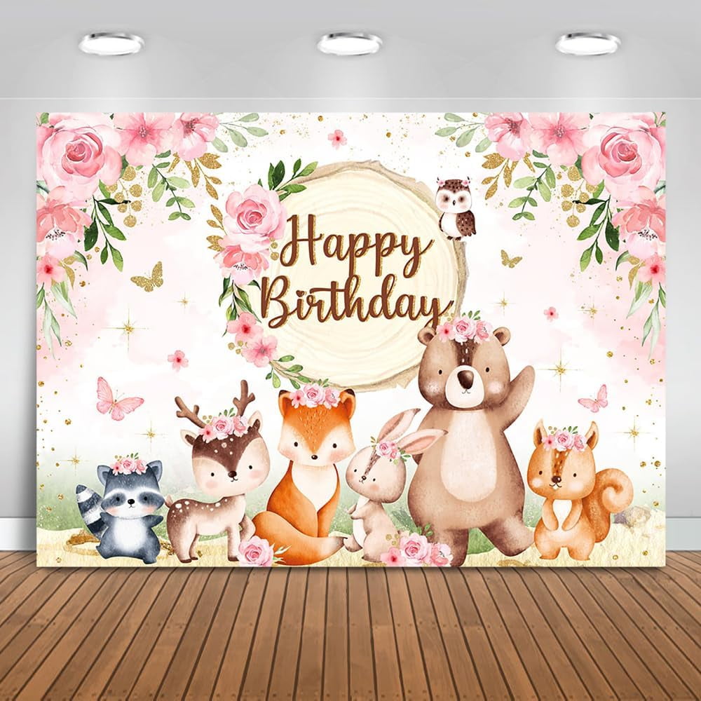 Jungle Animals Birthday Backdrop Floral Woodland Animals Birthday Party ...