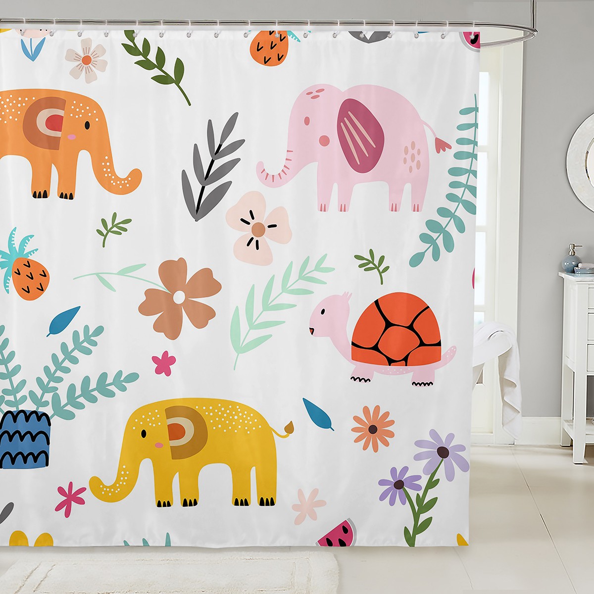 Jungle Animals Fabric Shower Curtain Cartoon Elephants Turtle Shower ...