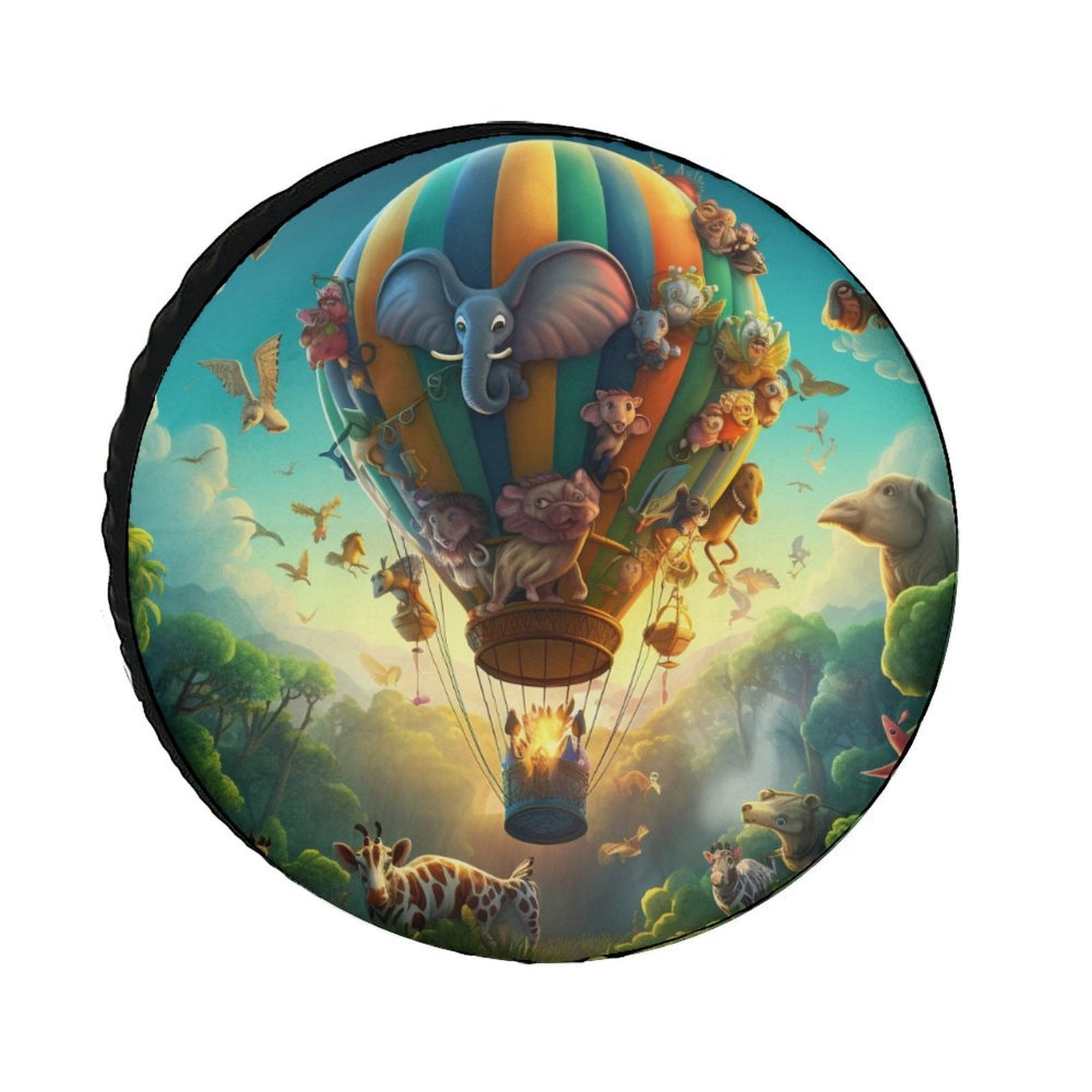 Jungle Animals Flying in Hot Air Balloon Camper Spare Tire Cover Forest ...