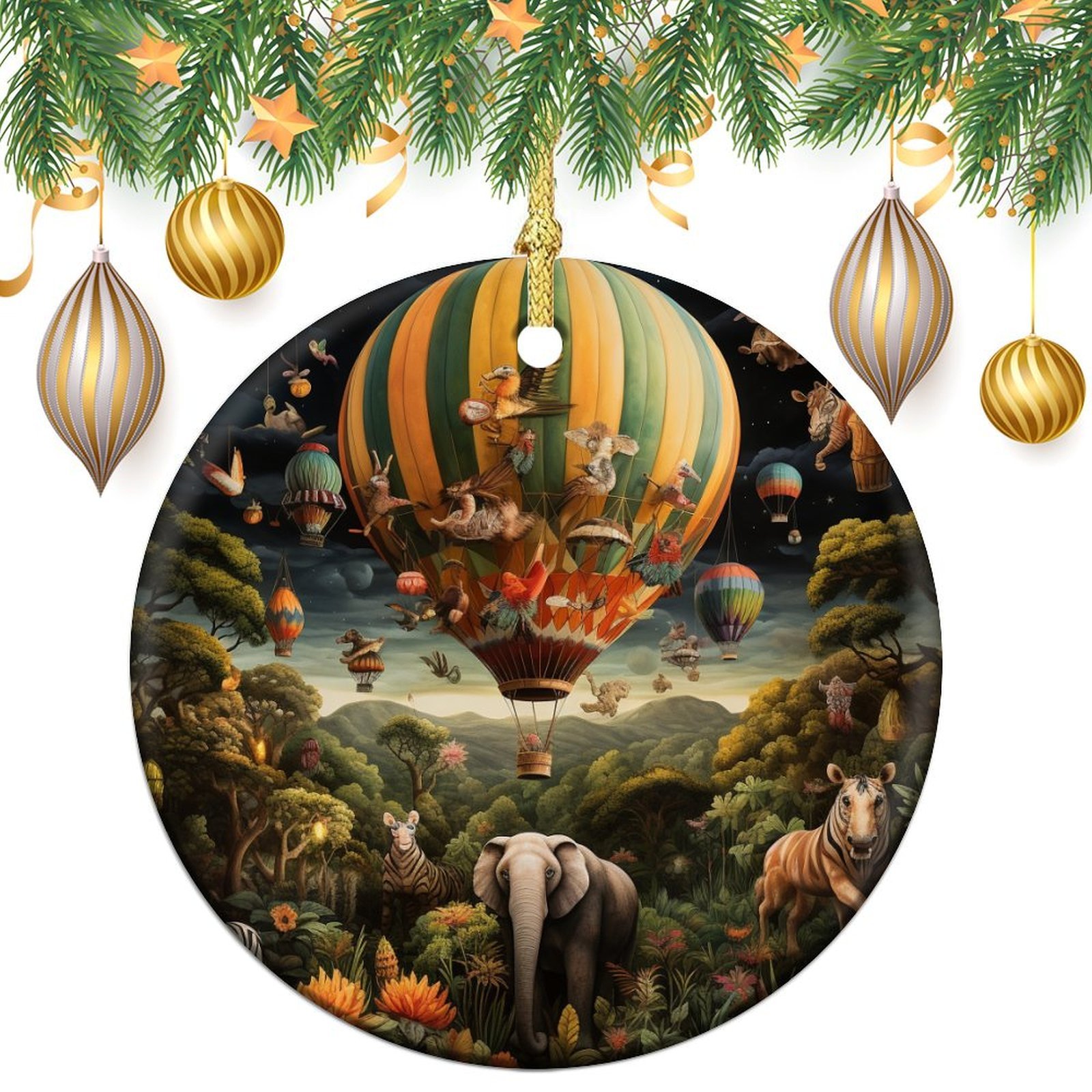 Jungle Animals Flying in Hot Air Balloon Ceramics Ornaments Zoo Animals ...