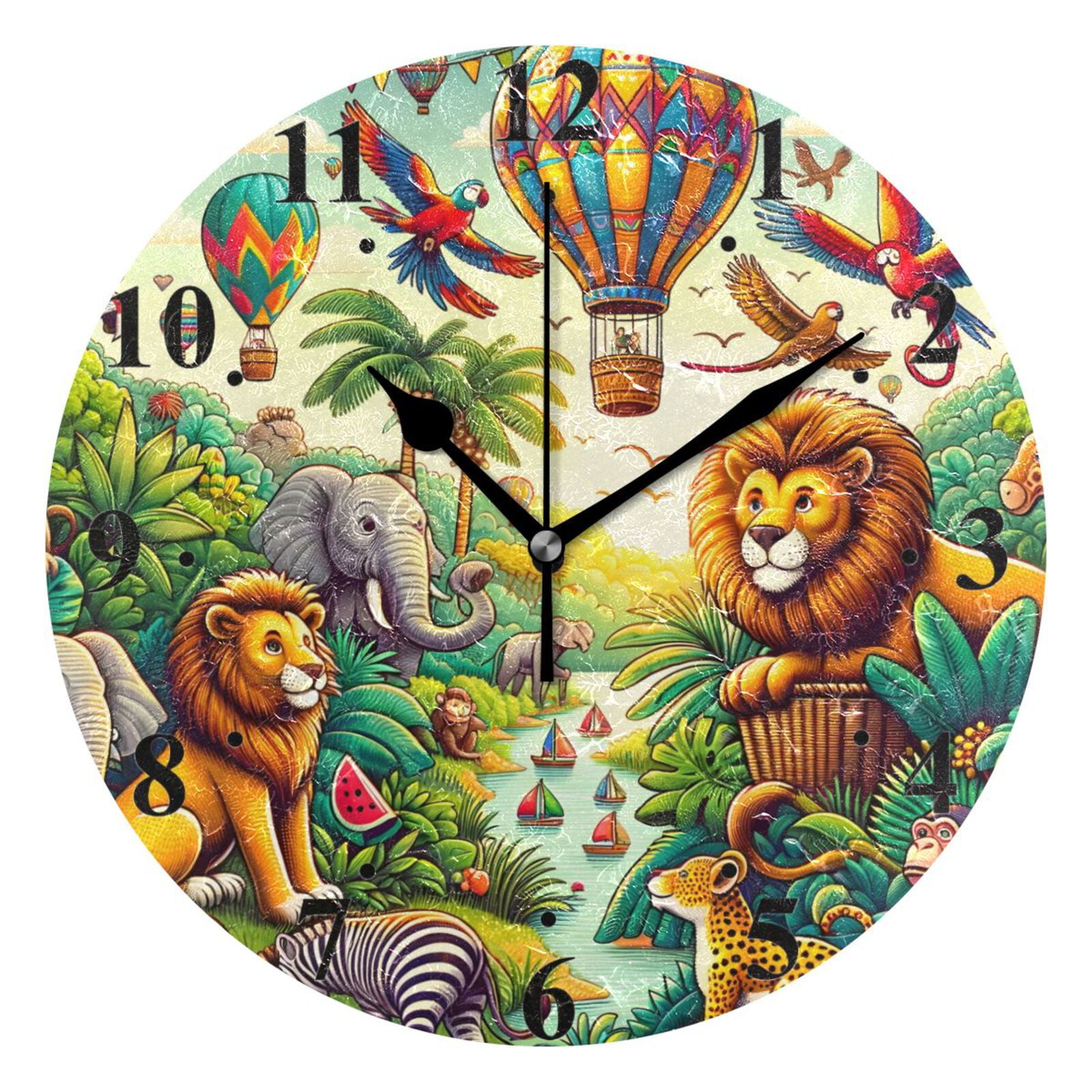 Jungle Animals Hot Air Balloon Black 10 inch Wall Clocks Non Ticking ...