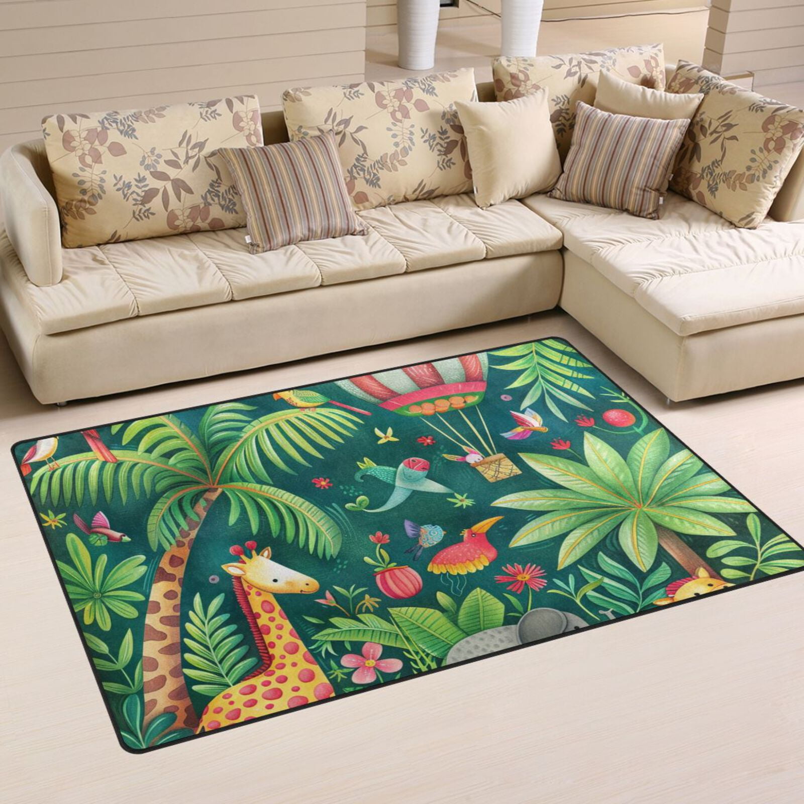 Jungle Animals Leaves Hot Air Balloon Area Rug Washable Floor Carpet ...