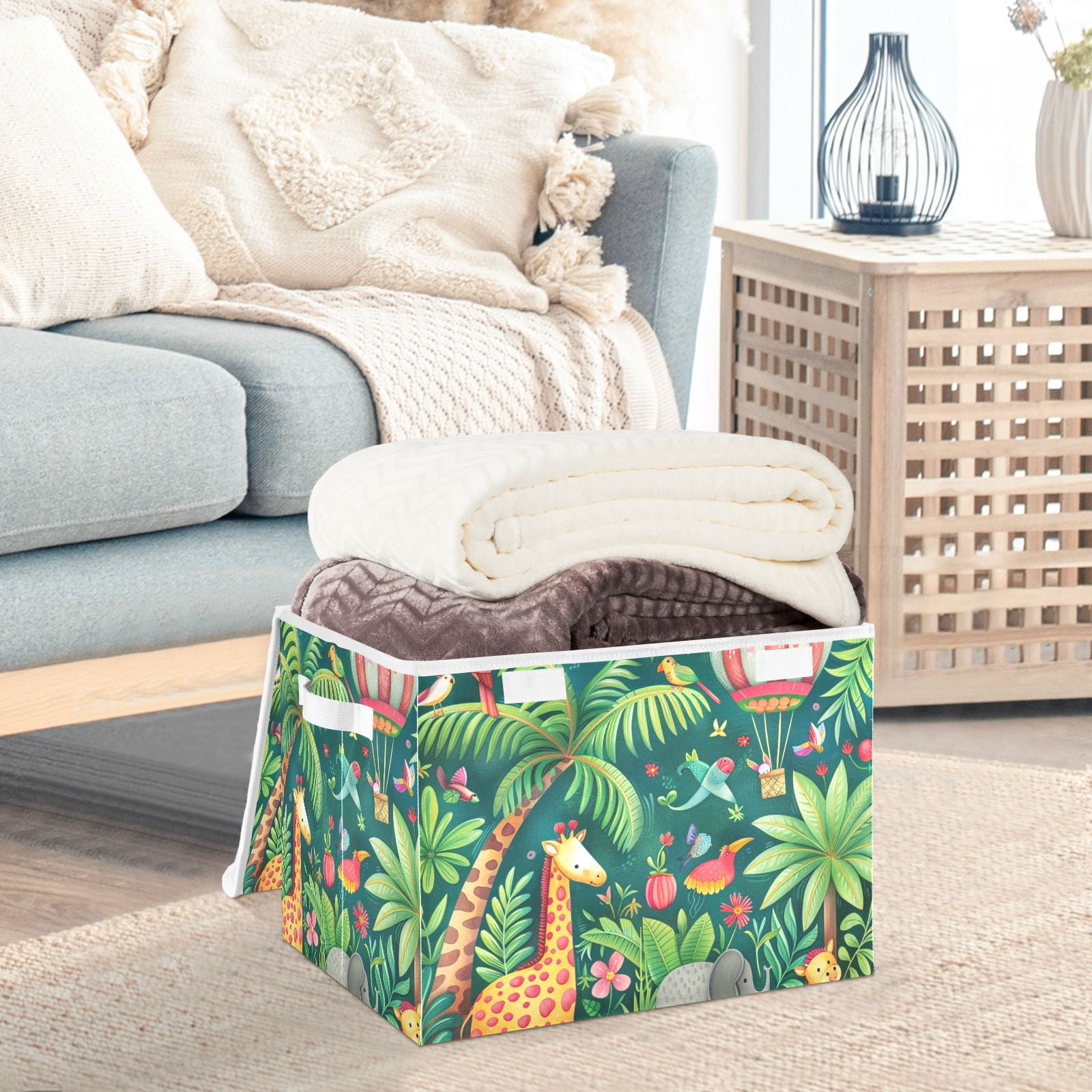 Jungle Animals Leaves Hot Air Balloon Storage Basket Foldable Laundry ...