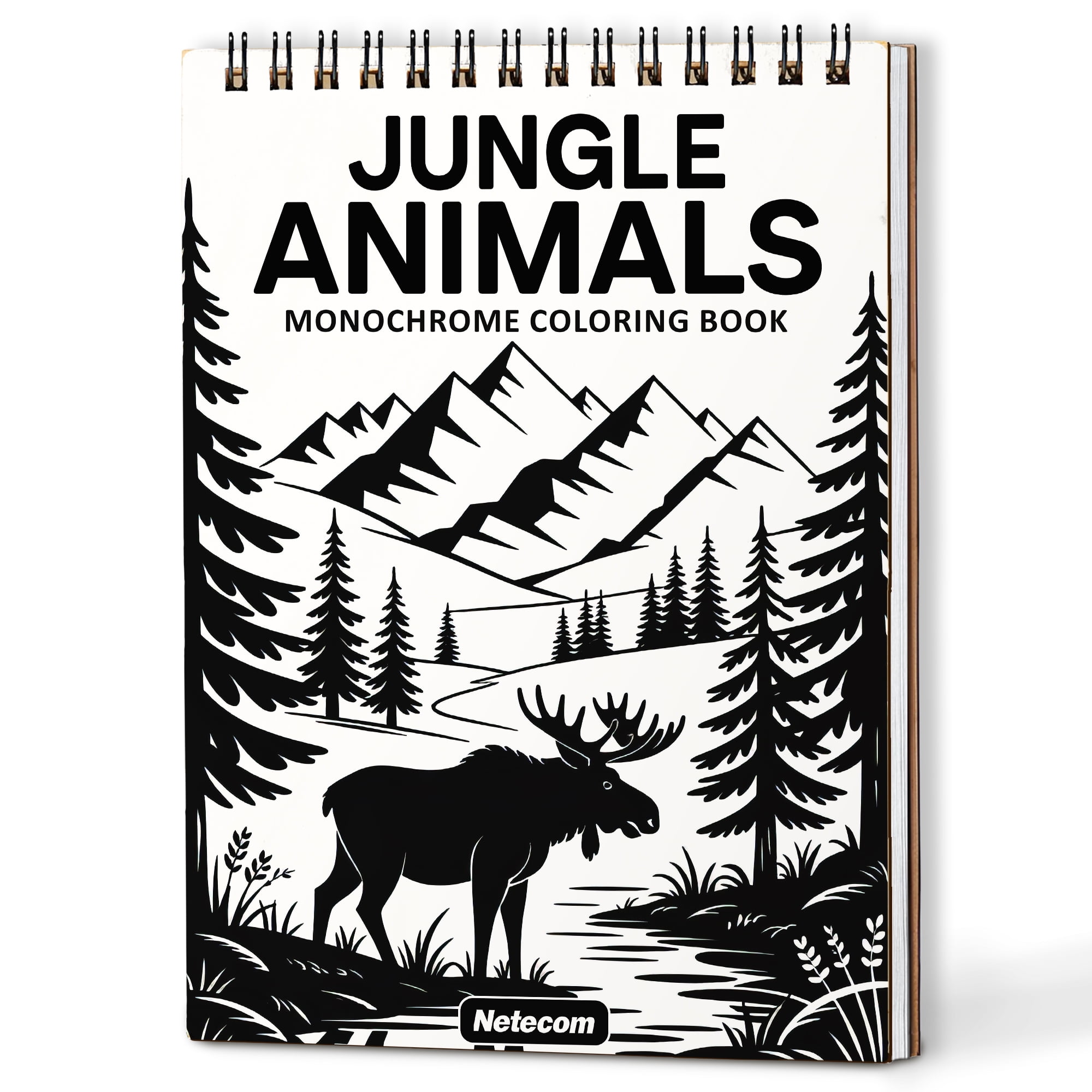 Jungle Animals Monochrome Coloring Book Spiral Bound for Adults, A5 ...