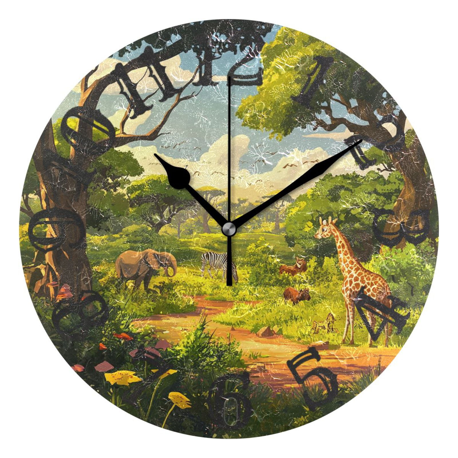 Jungle Animals Savanna Wall Clock 10 inch Non-Ticking Easy to Read ...