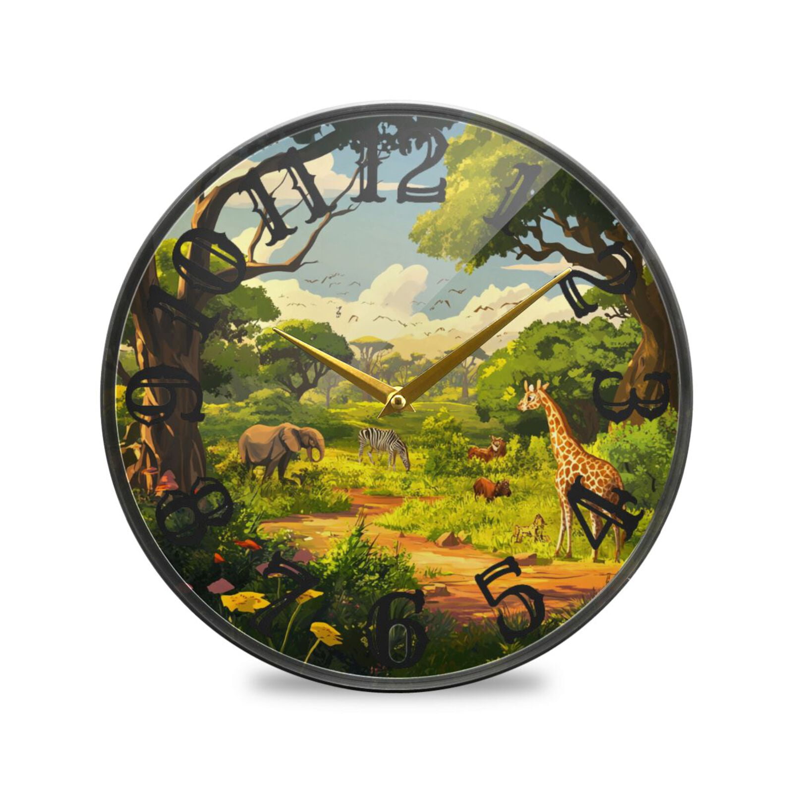 Jungle Animals Savanna Wall Clock 12 Inch Silent Non Ticking Battery ...