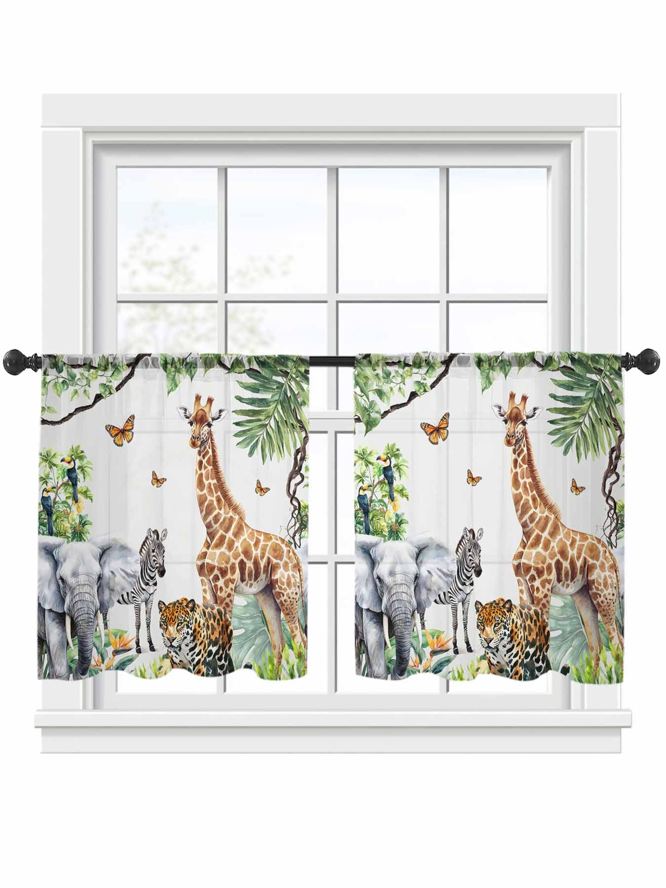 Jungle Animals Sheer Curtains 45 Inch Long 2 Panels, Giraffe Zebra ...