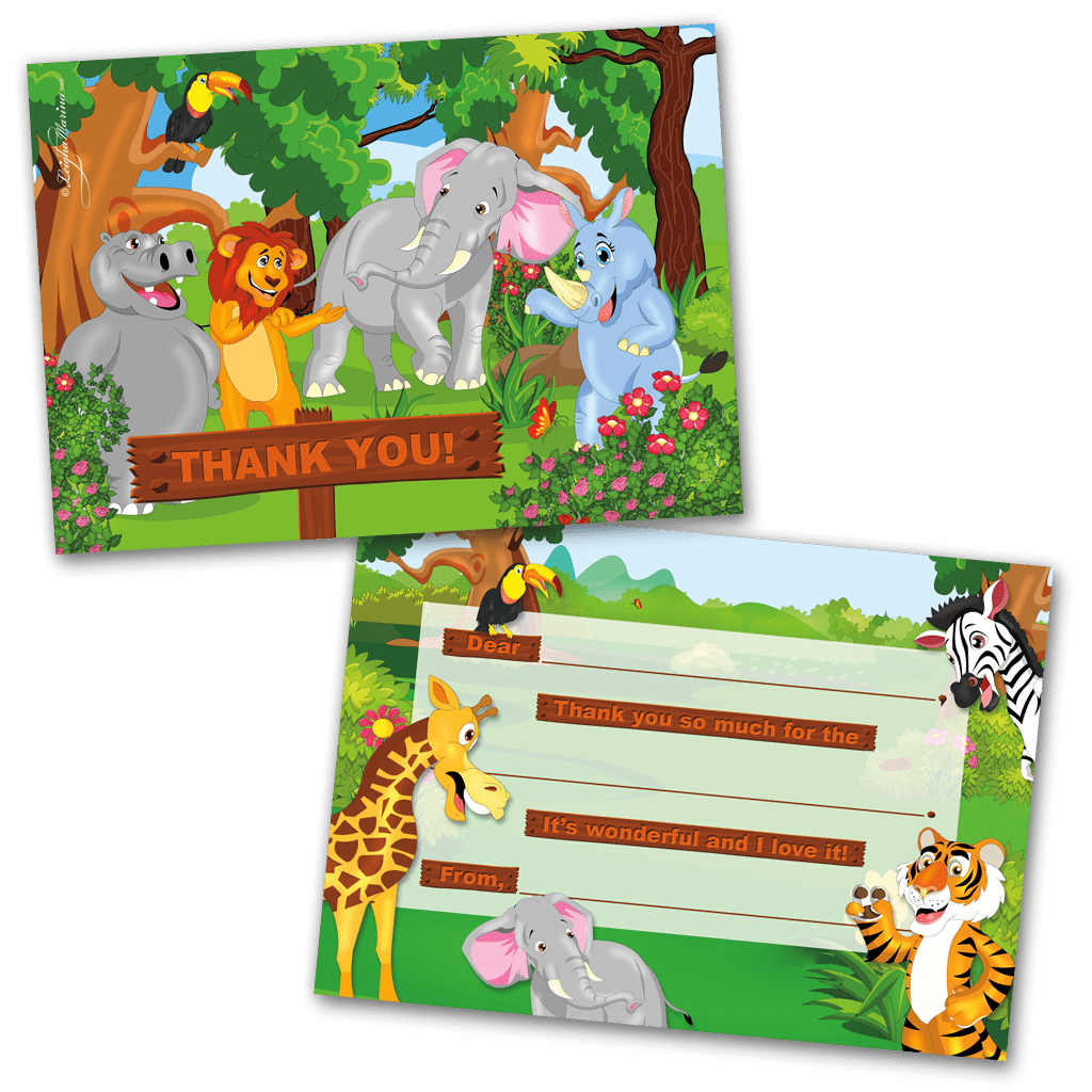 Jungle Animals Thank You Cards for Kids, 20 Notes & 20 Envelopes ...