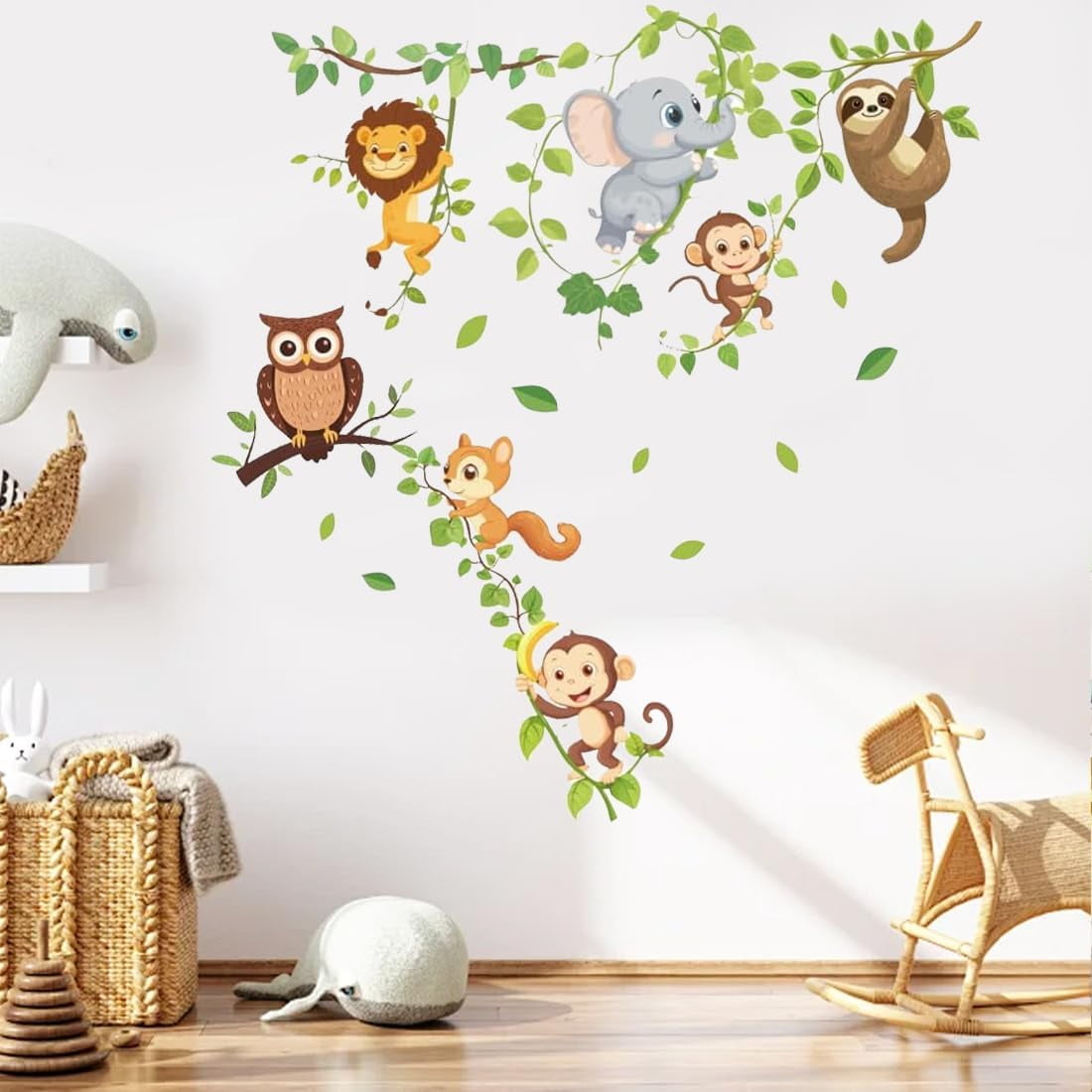 Jungle Animals Wall Decals Cartoon Vine Climbing Wall Stickers Monkey ...