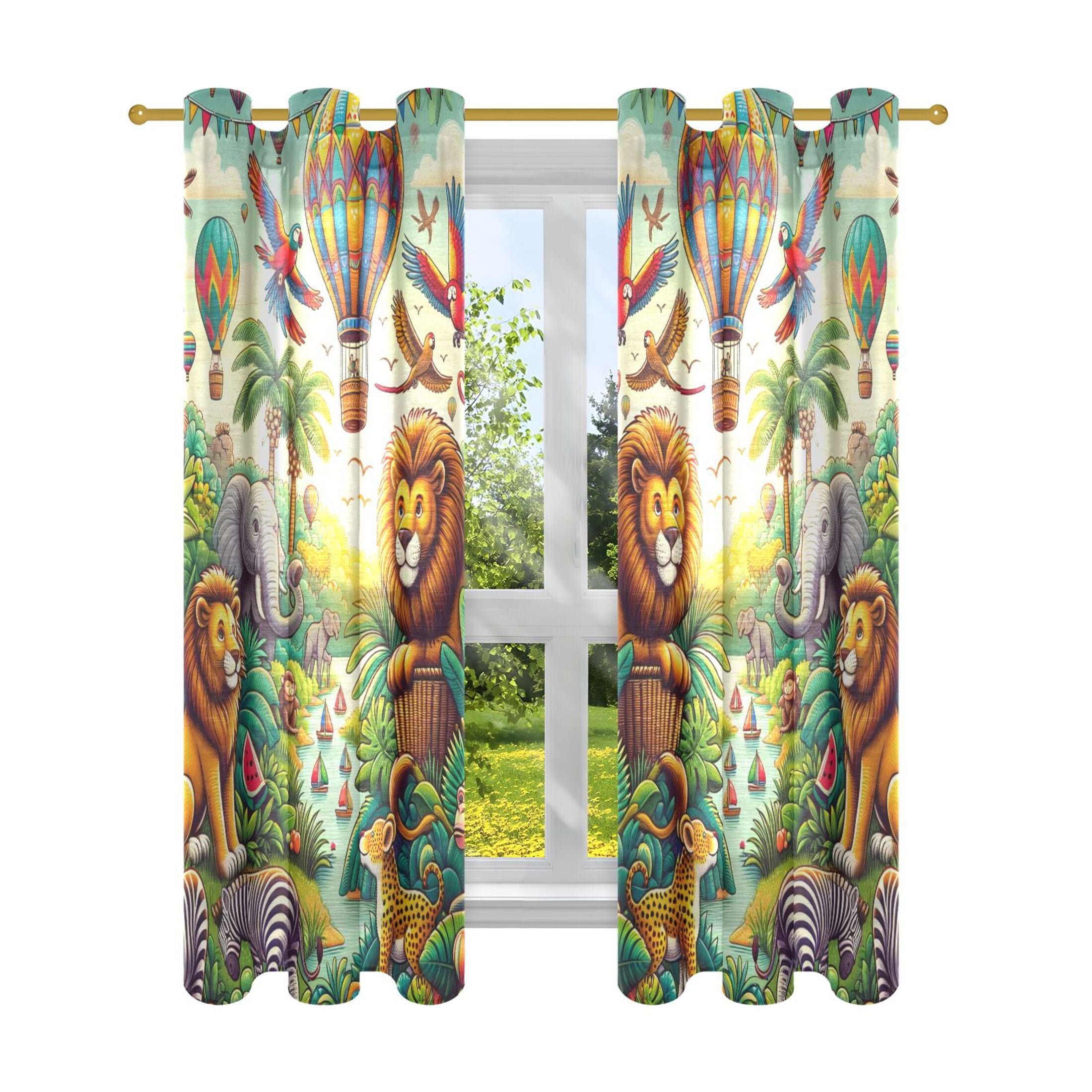 Jungle Animals and Hot Air Balloon Sheer Curtains Grommet Drapes Light ...