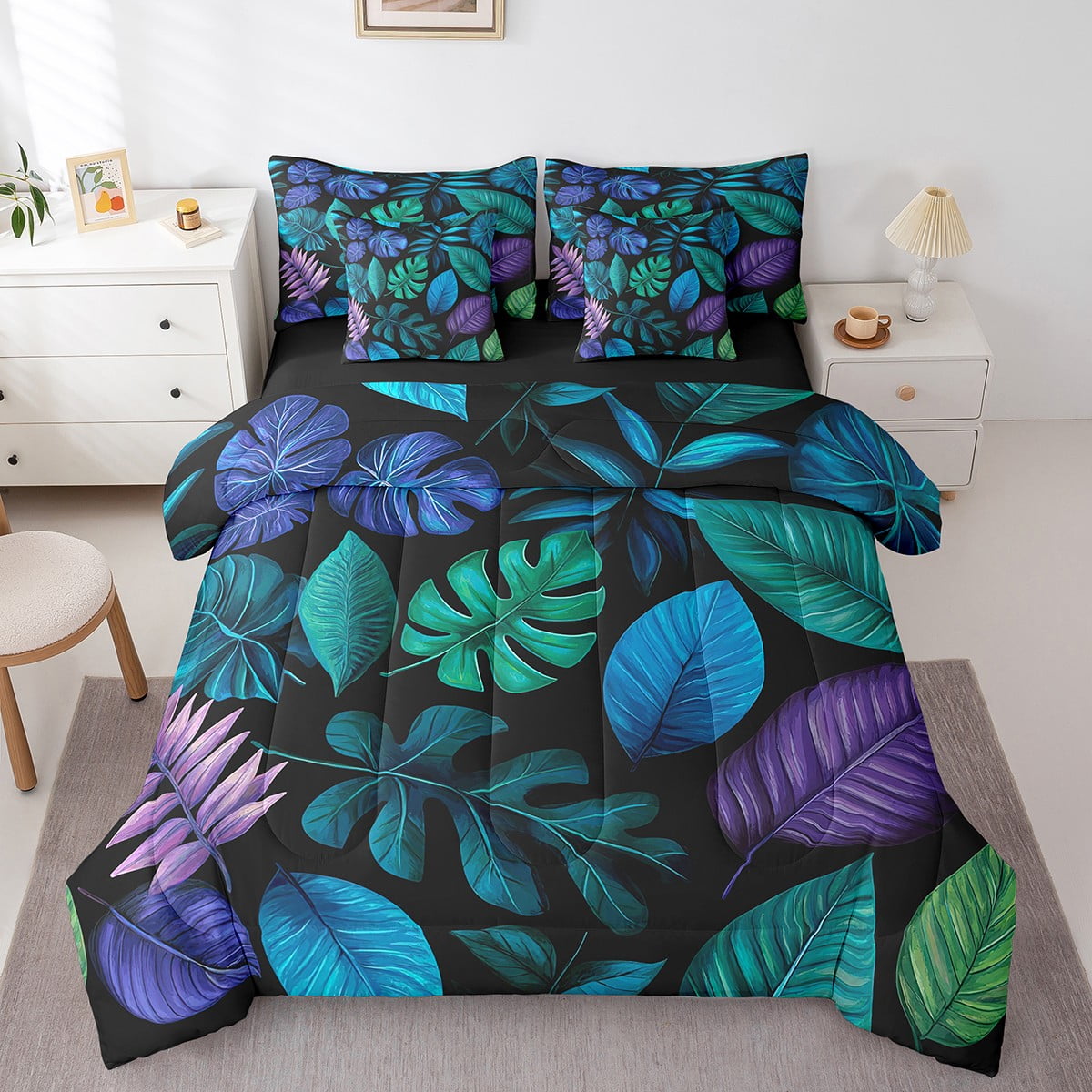 Jungle Bed in a Bag Queen Comforter Set 7 Piece,Teal Palm Leaves Bedding Sets Tropical Botanical ...